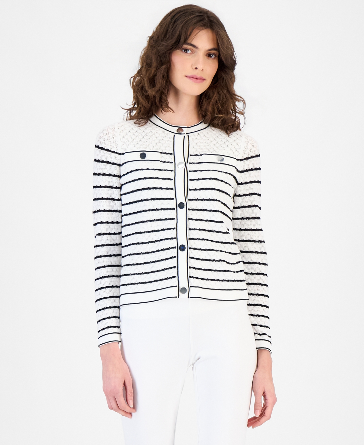 Anne Klein Womens Stitch Stripe Button-Front Cardigan - Crisp White /Anne Black