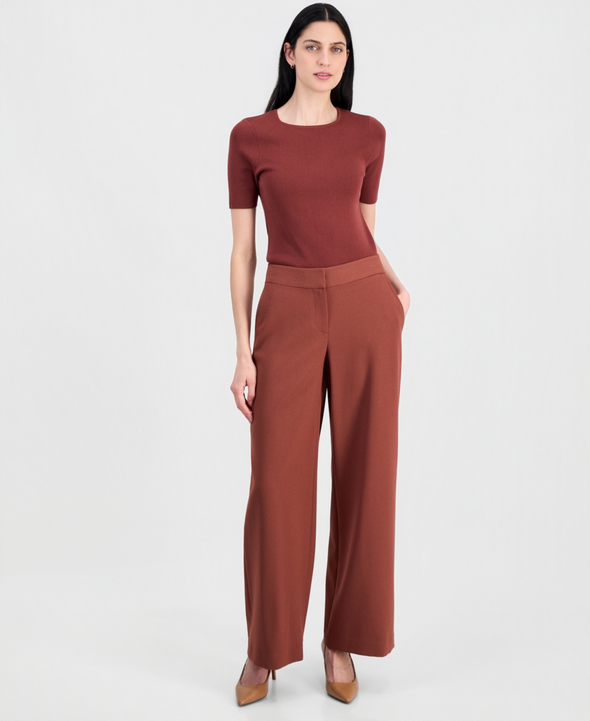 Click here for Tahari Asl Womens Mid-Rise Wide-Leg Pants - Burnt... prices
