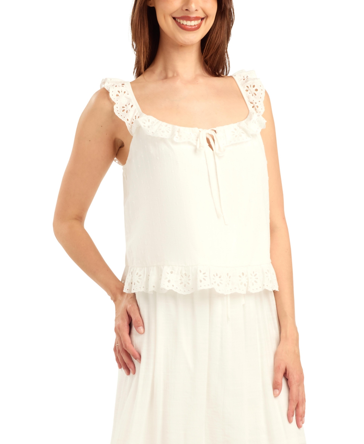 Click here for Bcx Womens Striped Ruffle-Detail Square Neck Top -... prices