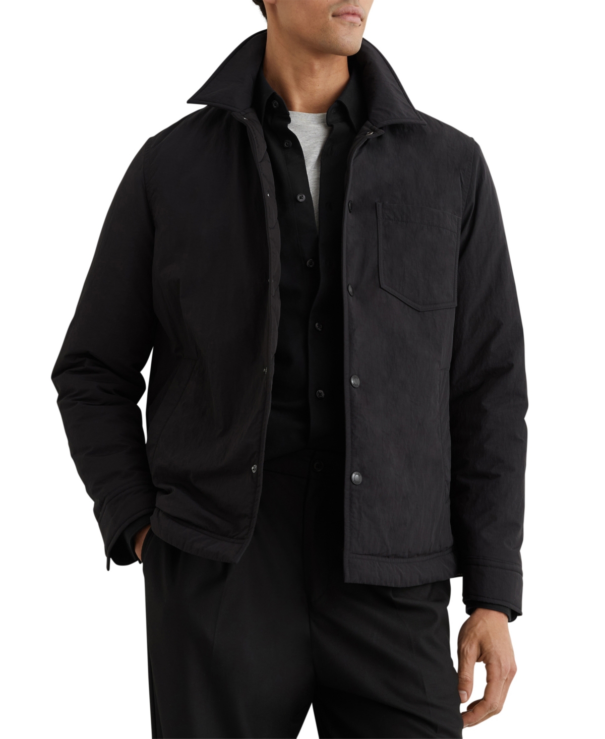 Click here for Reiss Mens Quilted Press-Stud Overshirt - Black prices