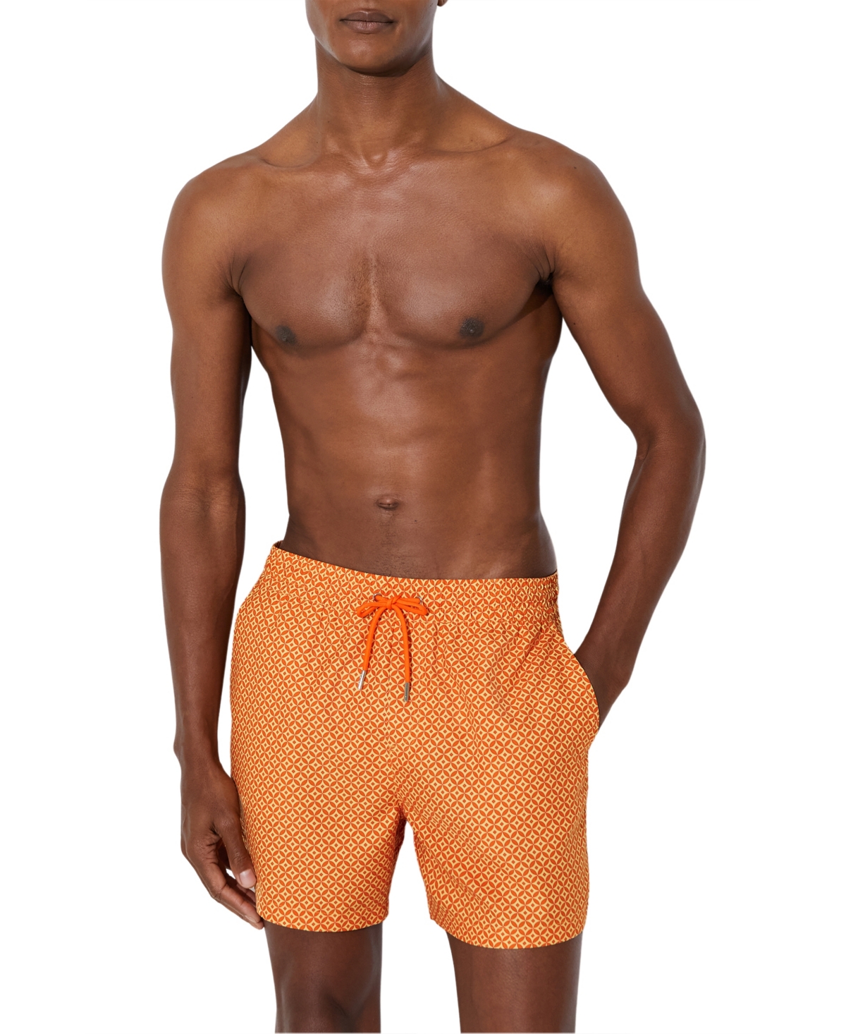 Click here for Reiss Mens Geometric-Print Swim Shorts - Tangerine prices