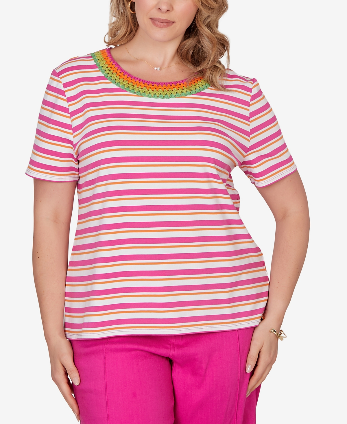 Click here for Ruby Rd. Plus Size Crochet Neck Stripe Knit Top -... prices