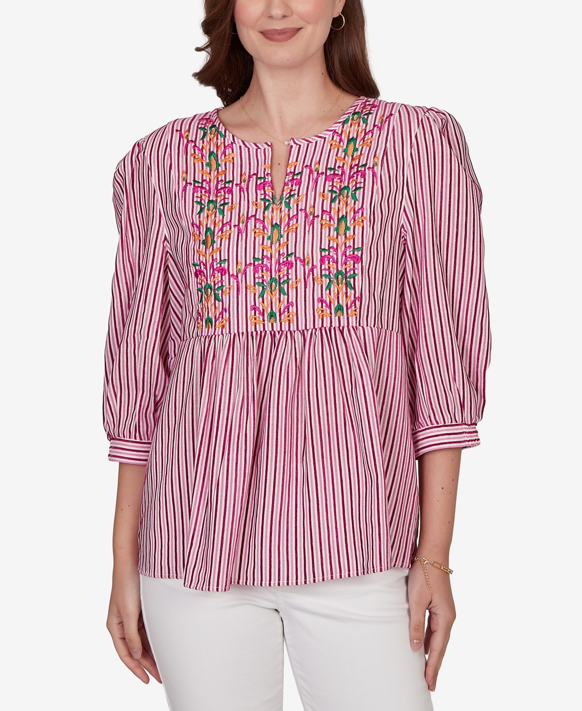Click here for Ruby Rd. Petite Embroidered Placket Stripe Top - F... prices