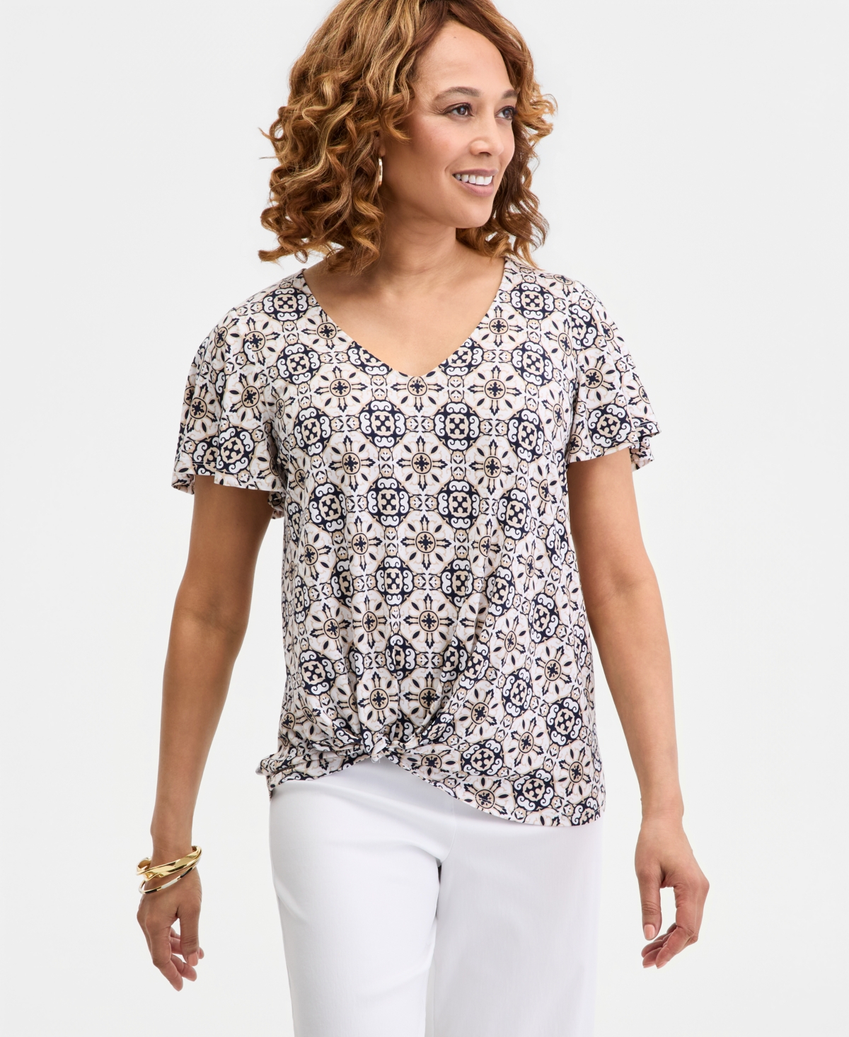 Click here for Jm Collection Womens Printed Short Sleeve V-Neck T... prices