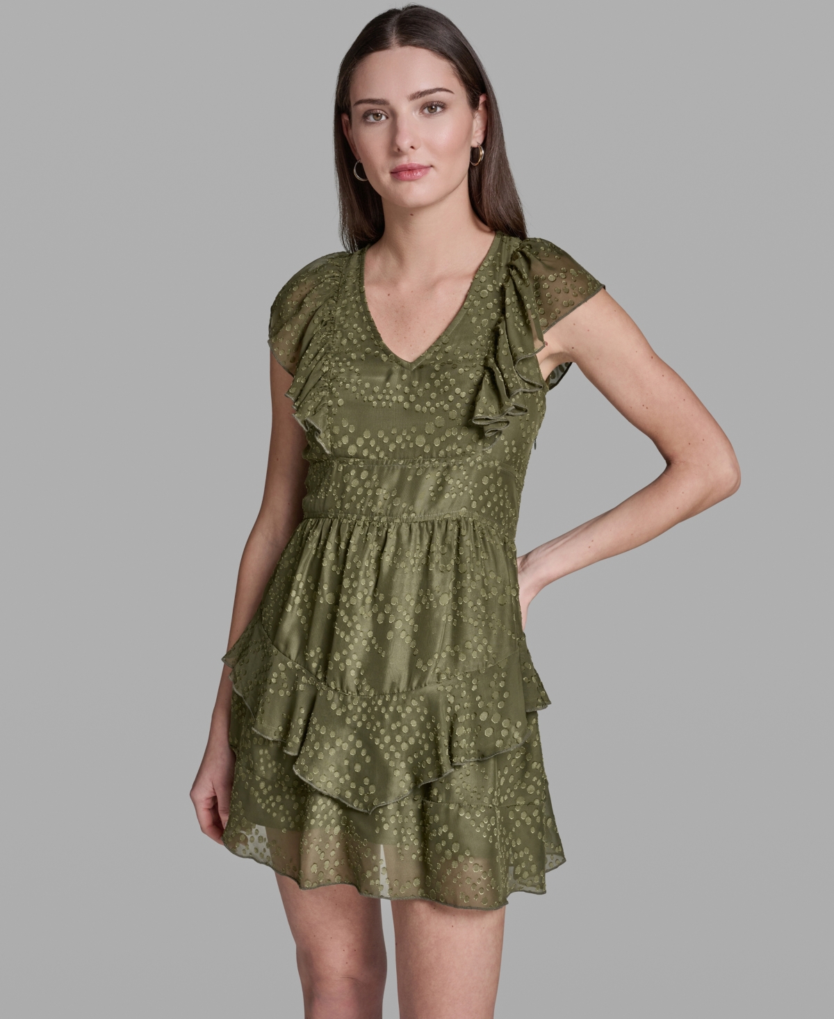 Click here for Bcbg Womens Cap-Sleeve Ruffle Dress - Rustic Olive prices