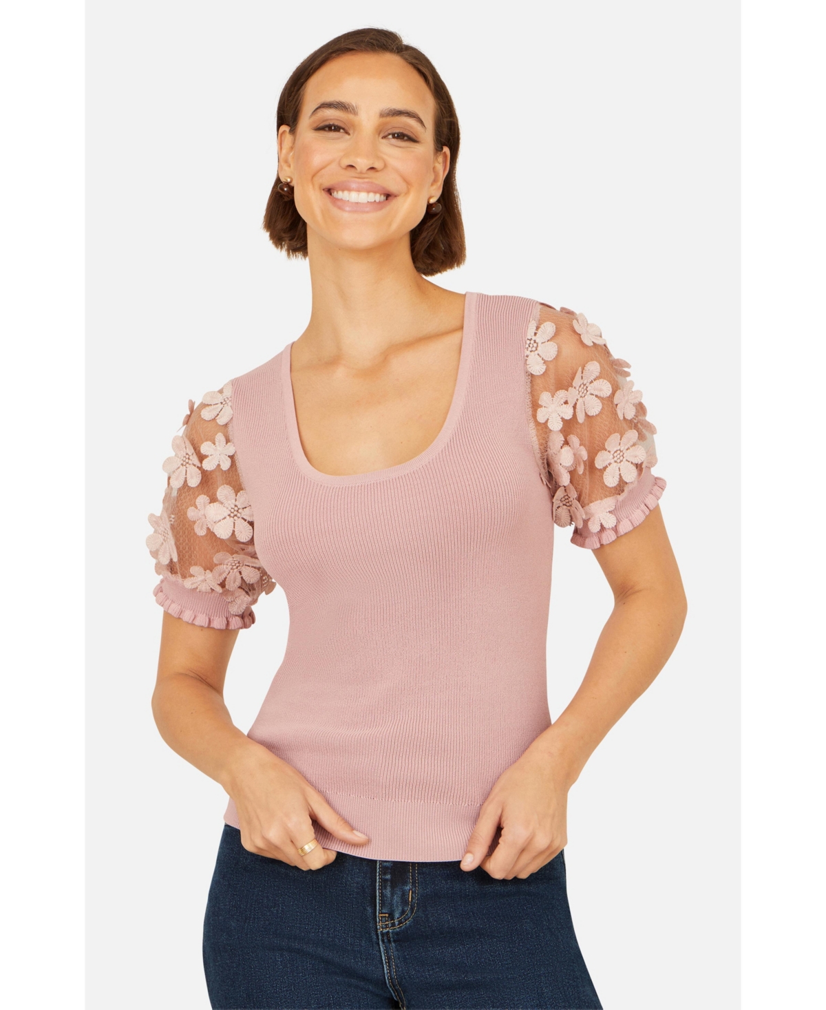 Click here for Yumi Womens Floral Applique Knitted Top - Blush prices
