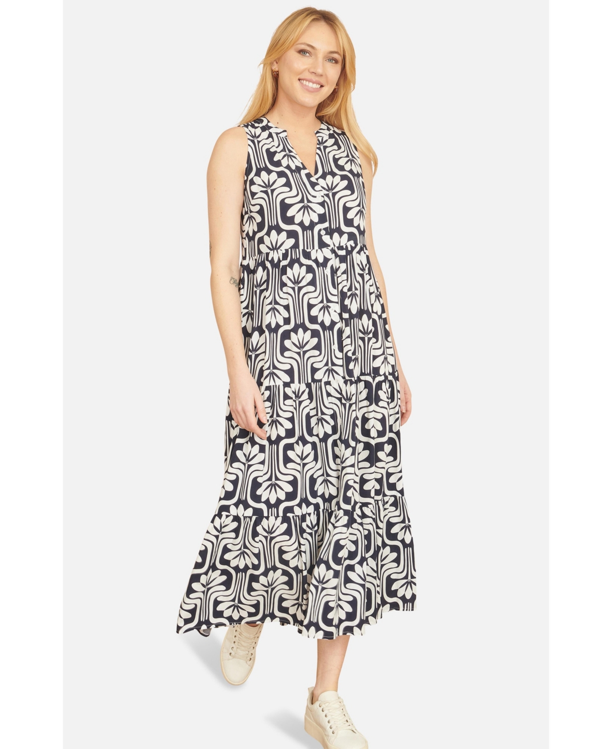 Click here for Yumi Womens Retro Print Relaxed Midi Dress - Navy prices