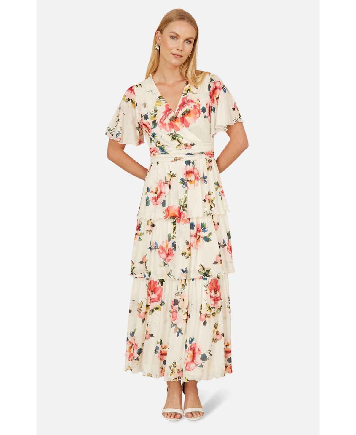 Click here for Yumi Womens Floral Mesh Tiered Maxi Dress - Ivory prices