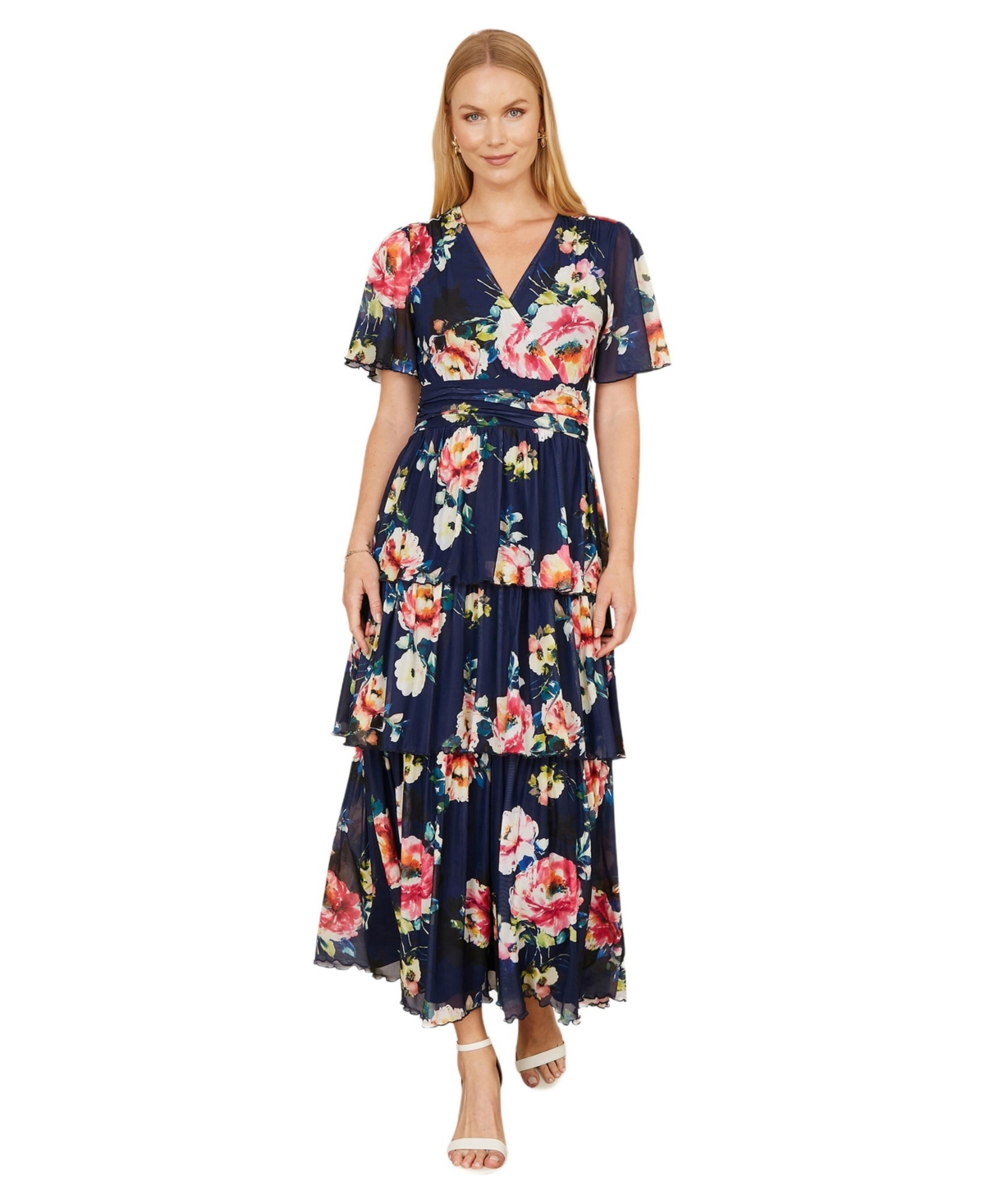 Click here for Yumi Womens Floral Mesh Tiered Maxi Dress - Navy prices