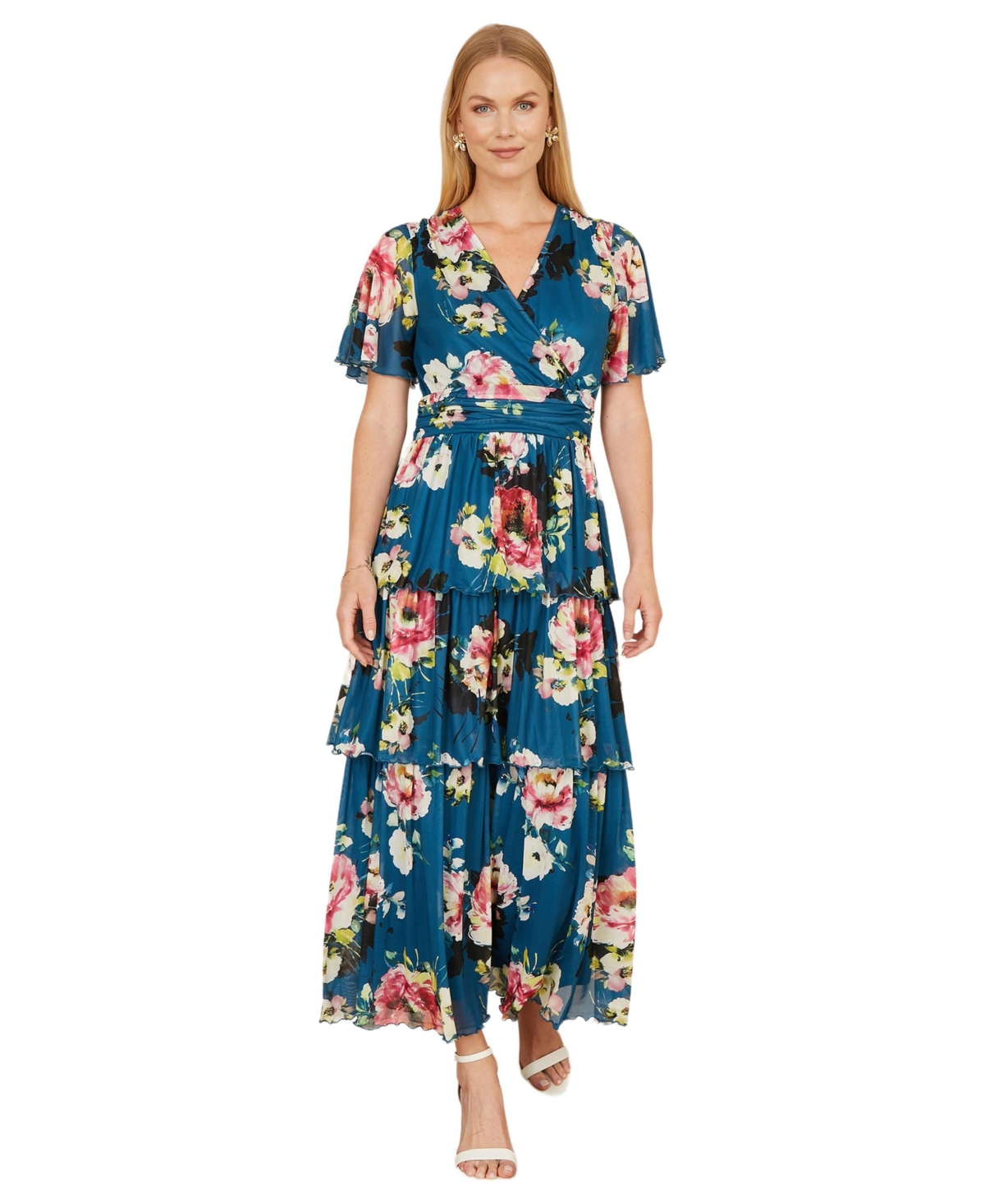 Click here for Yumi Womens Floral Mesh Tiered Maxi Dress - Green prices