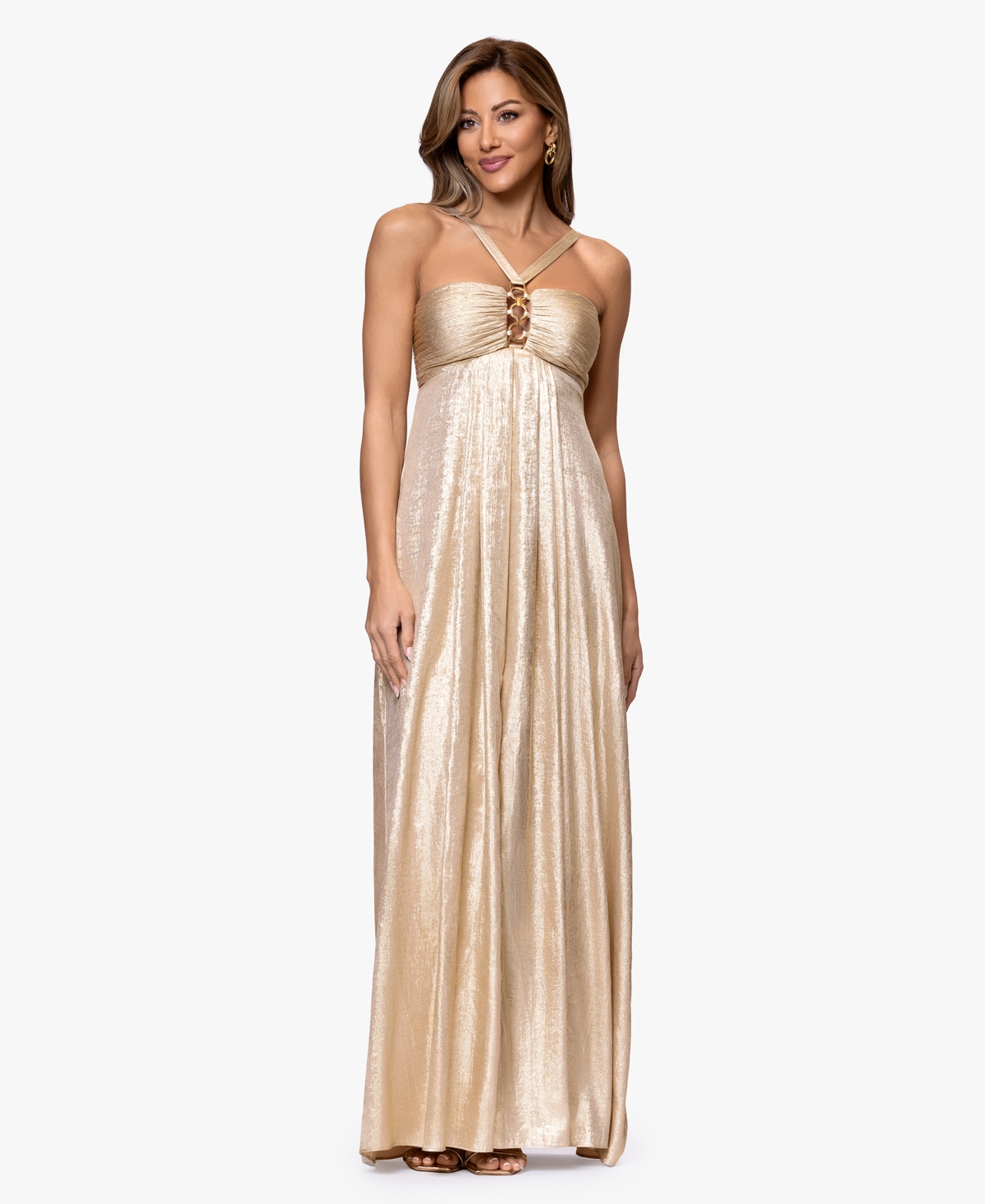 Click here for Xscape Petite Metallic Hardware Halter Neck Gown -... prices
