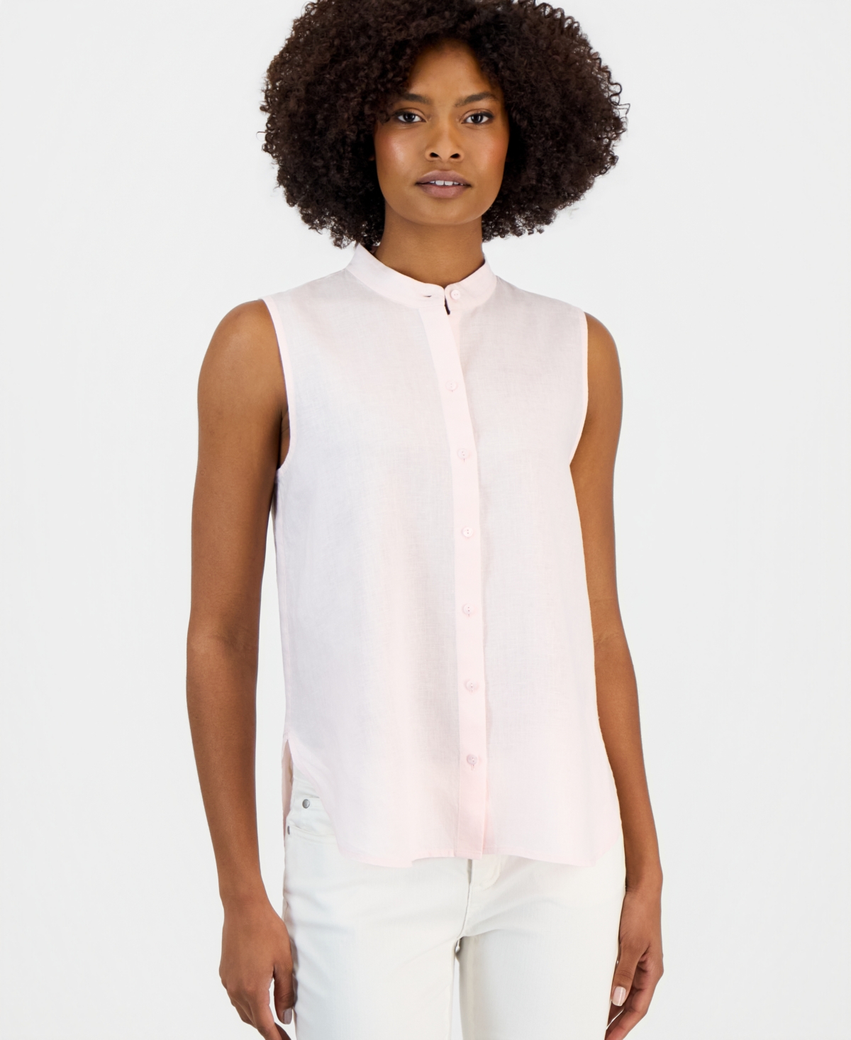 Click here for Eileen Fisher Womens Linen Sleeveless Band-Collar... prices
