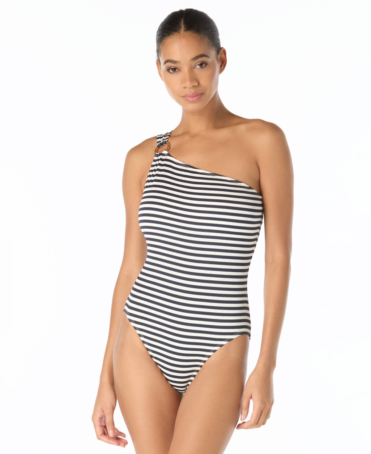 Click here for Michael Kors Womens One-Shoulder Stripe One-Piece... prices