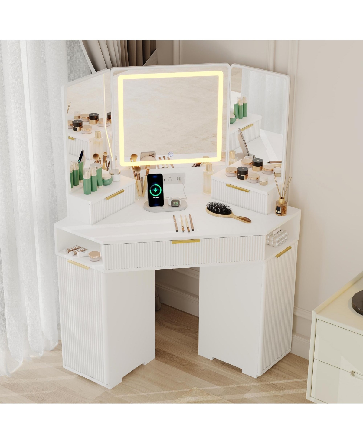 Click here for gaomon Fluted Wood Corner Vanity Desk with Lighted... prices