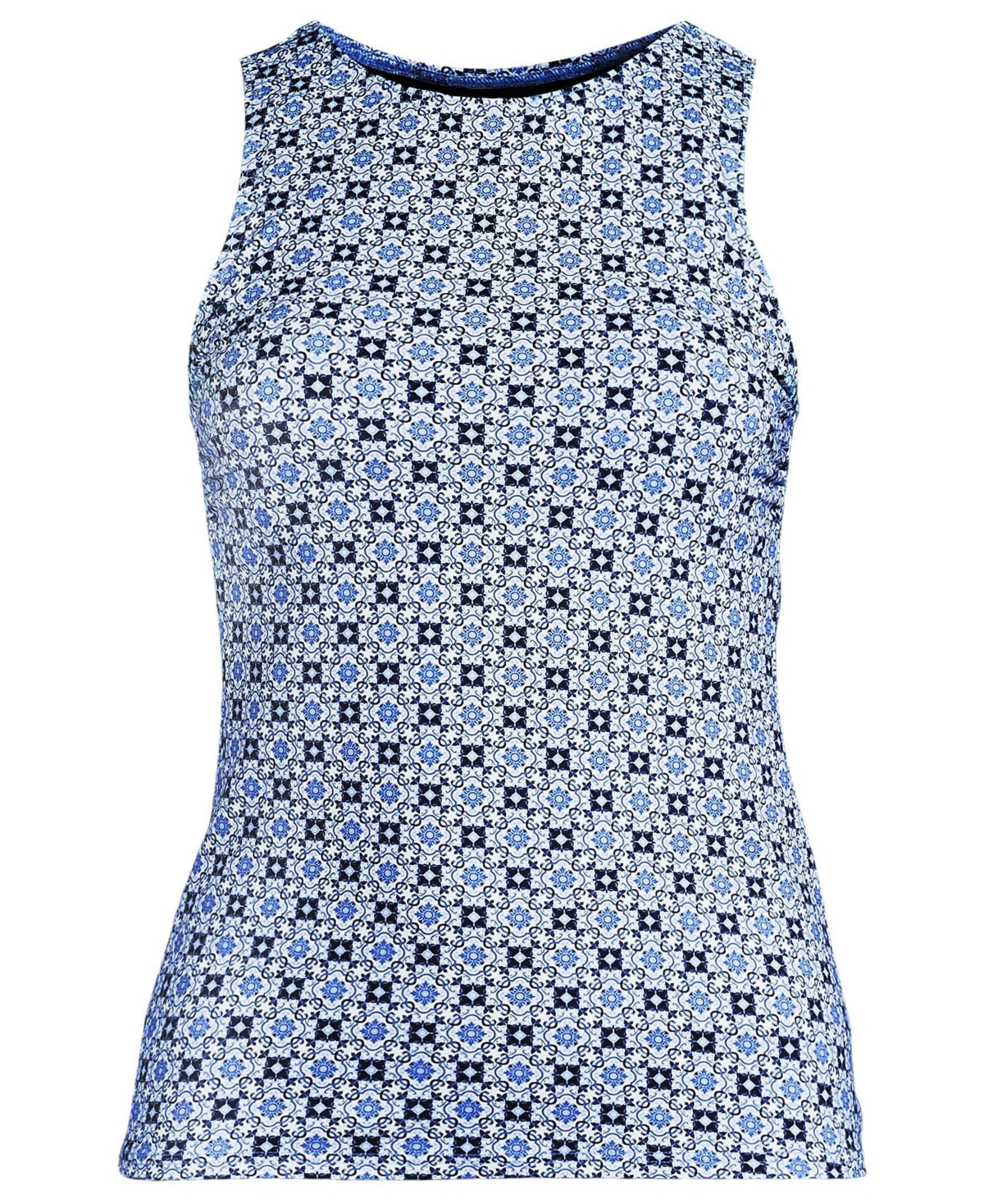 Lands End Womens Plus Size Chlorine Resistant High Neck Upf 50 Sun Protection Modest Tankini Swimsuit Top - Lake blue geo floral
