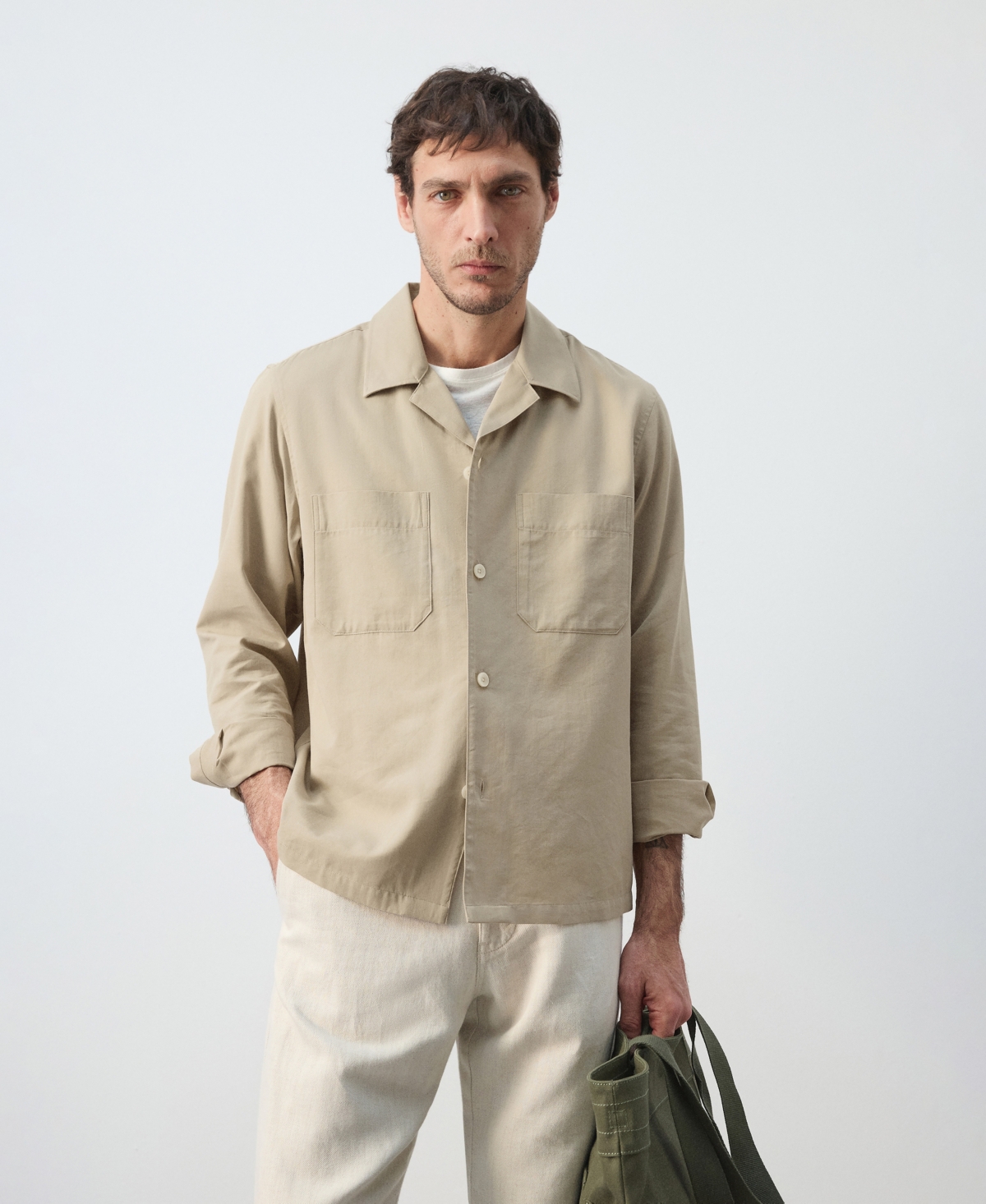 Click here for Mango Mens Bowling Collar Cotton Overshirt - Beige prices