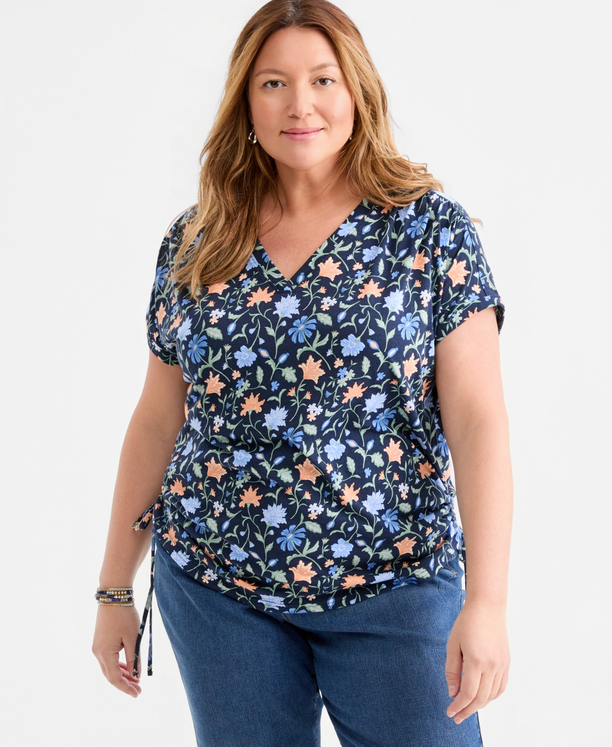 Click here for Style & Co Plus Size Soft Floral Ruched-Tie V-Neck... prices