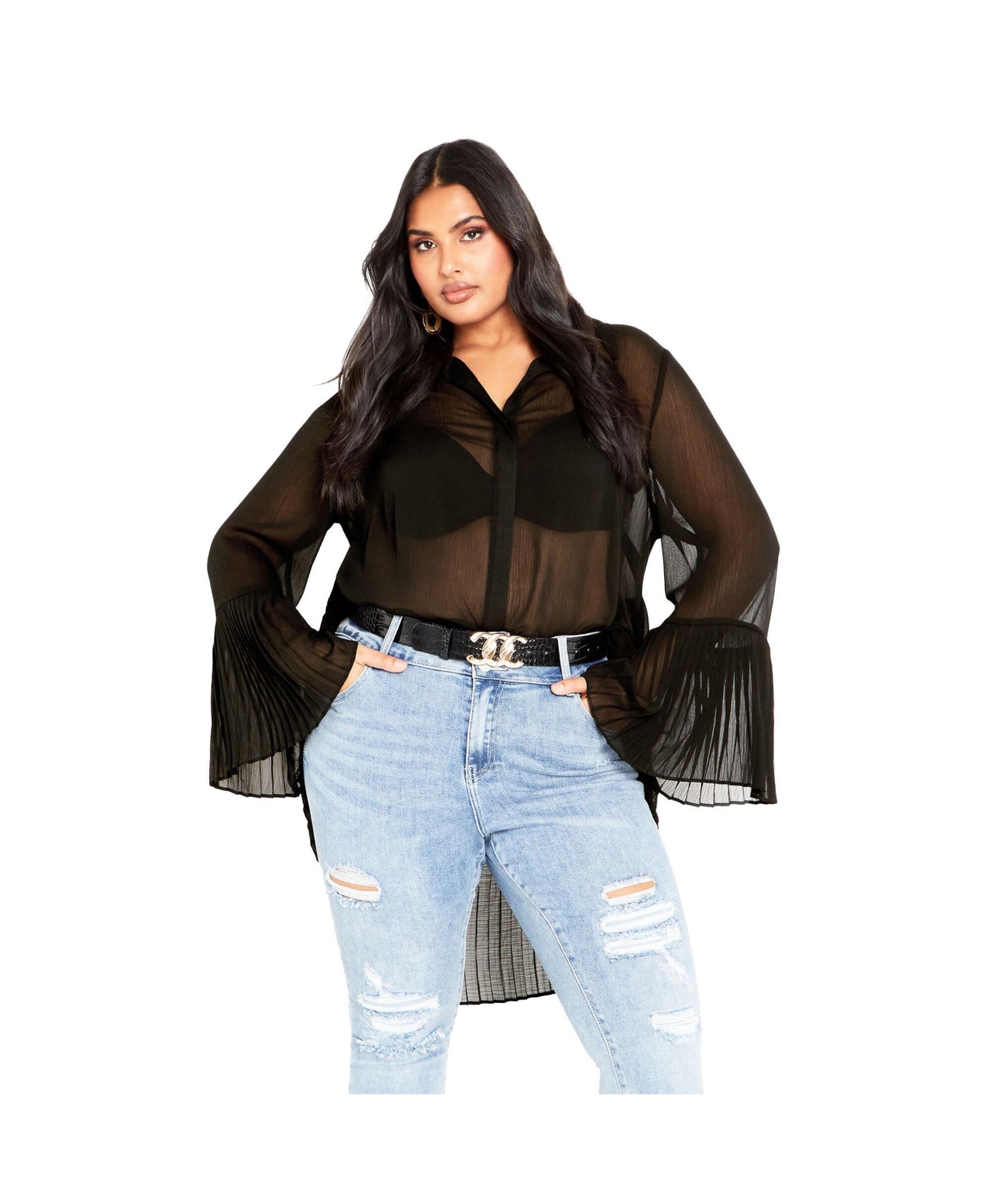 Click here for Avenue Womens Plus Size Perla Pleat Shirt - Black prices