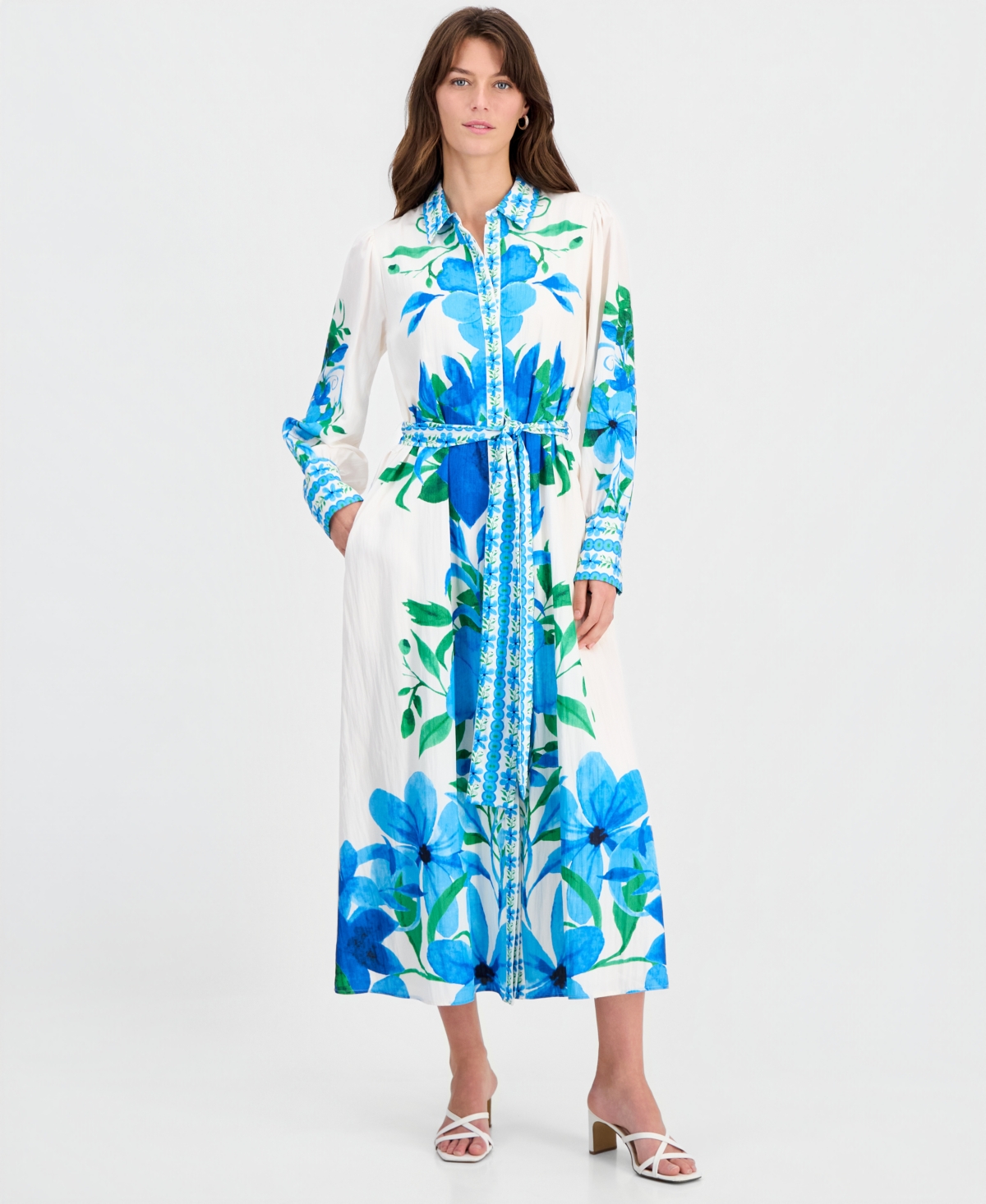 Click here for T Tahari Womens Printed Tie-Waist Button-Down Maxi... prices
