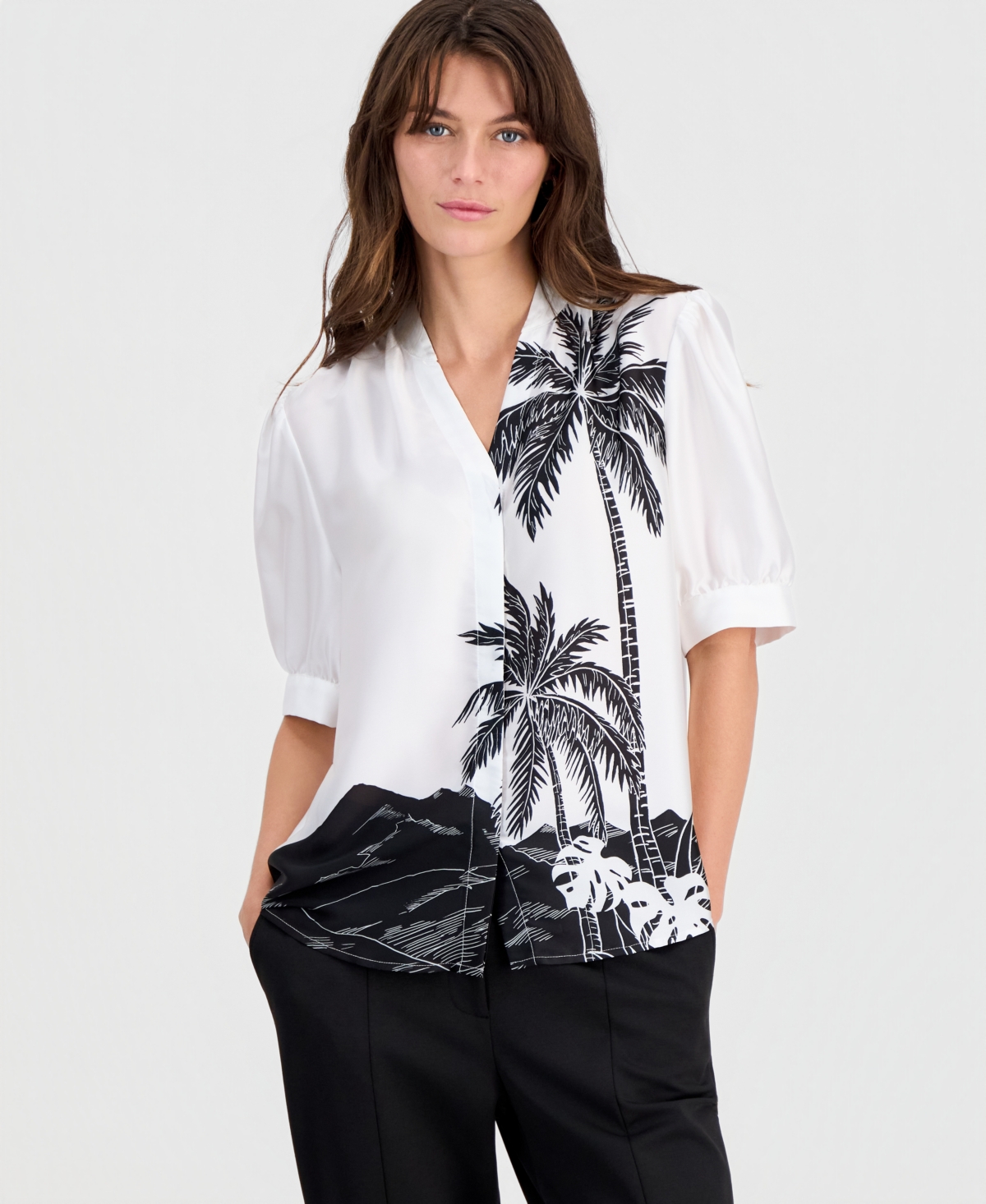 Click here for T Tahari Womens Short-Sleeve Split-Neck Blouse - N... prices