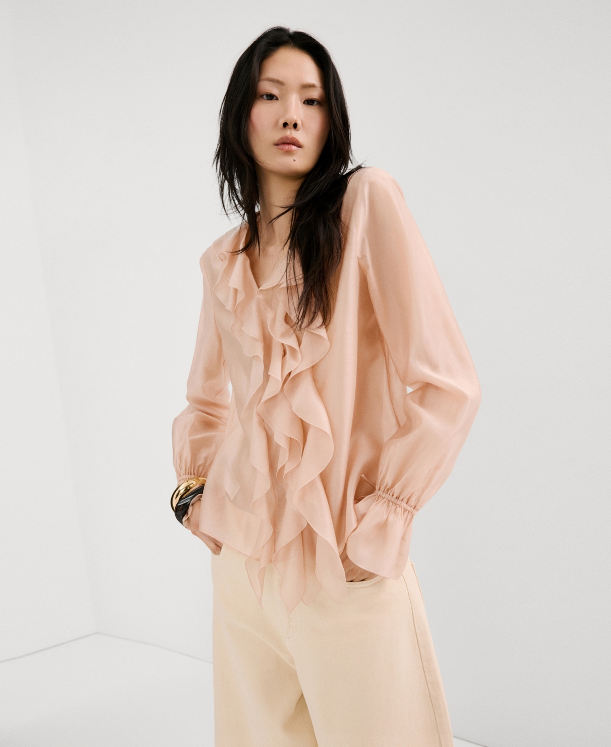 Click here for Mango Womens Ruffled Lyocell Blouse - Pastel Pink prices