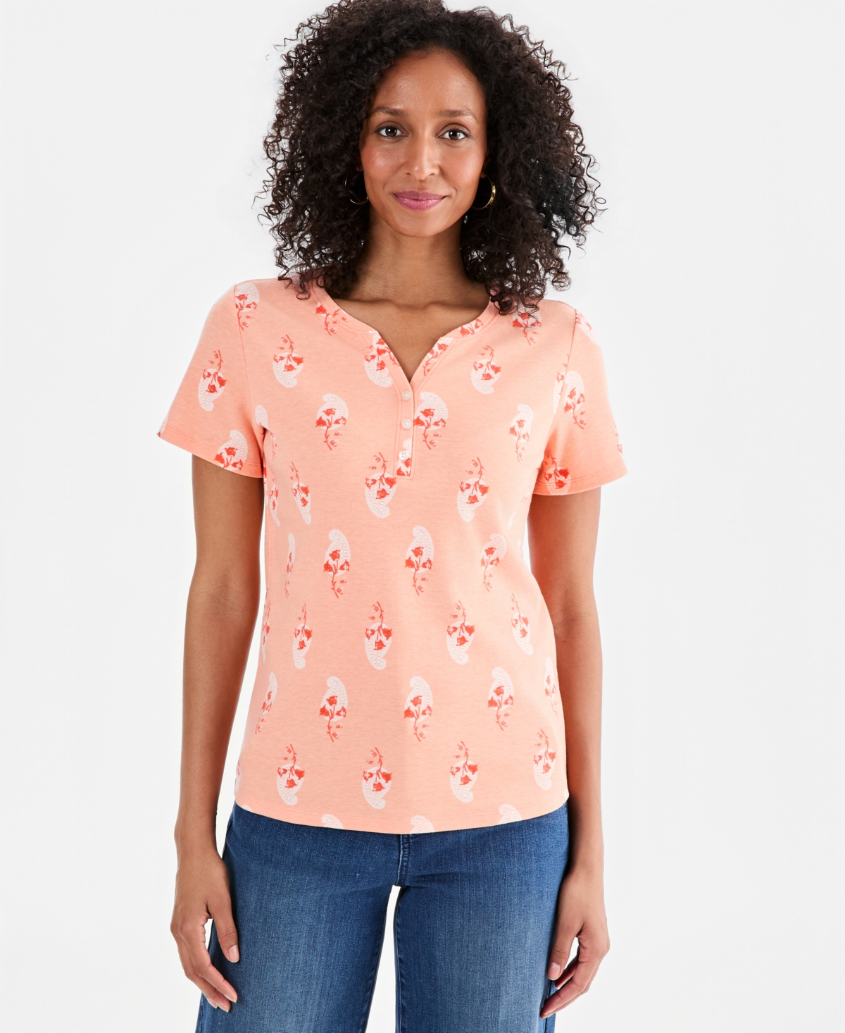 Click here for Style & Co Womens Printed Short-Sleeve Henley Top... prices