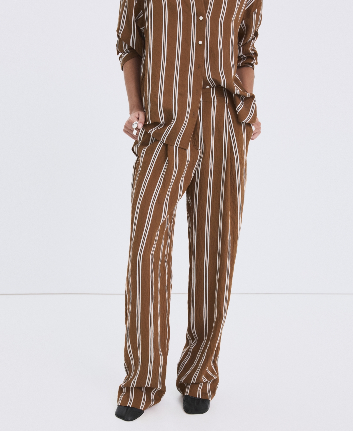Click here for Mango Womens Pleated Striped Pants - Brown prices