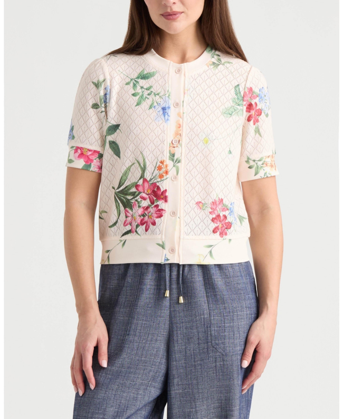 Click here for Ellen Tracy Womens Printed Pointelle Button Front... prices
