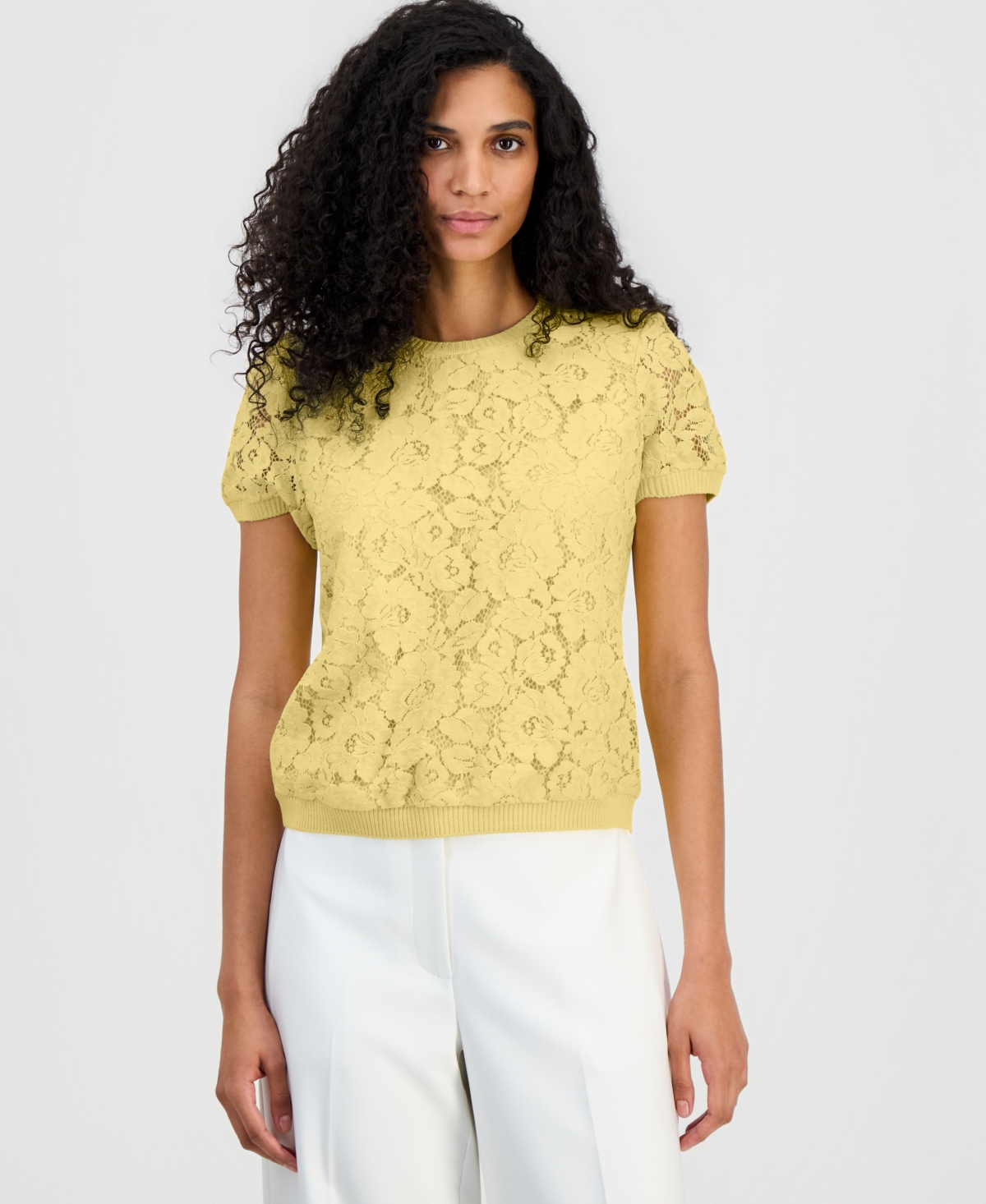 Tahari Asl Womens Lace-Front Short-Sleeve Sweater - Buttercup