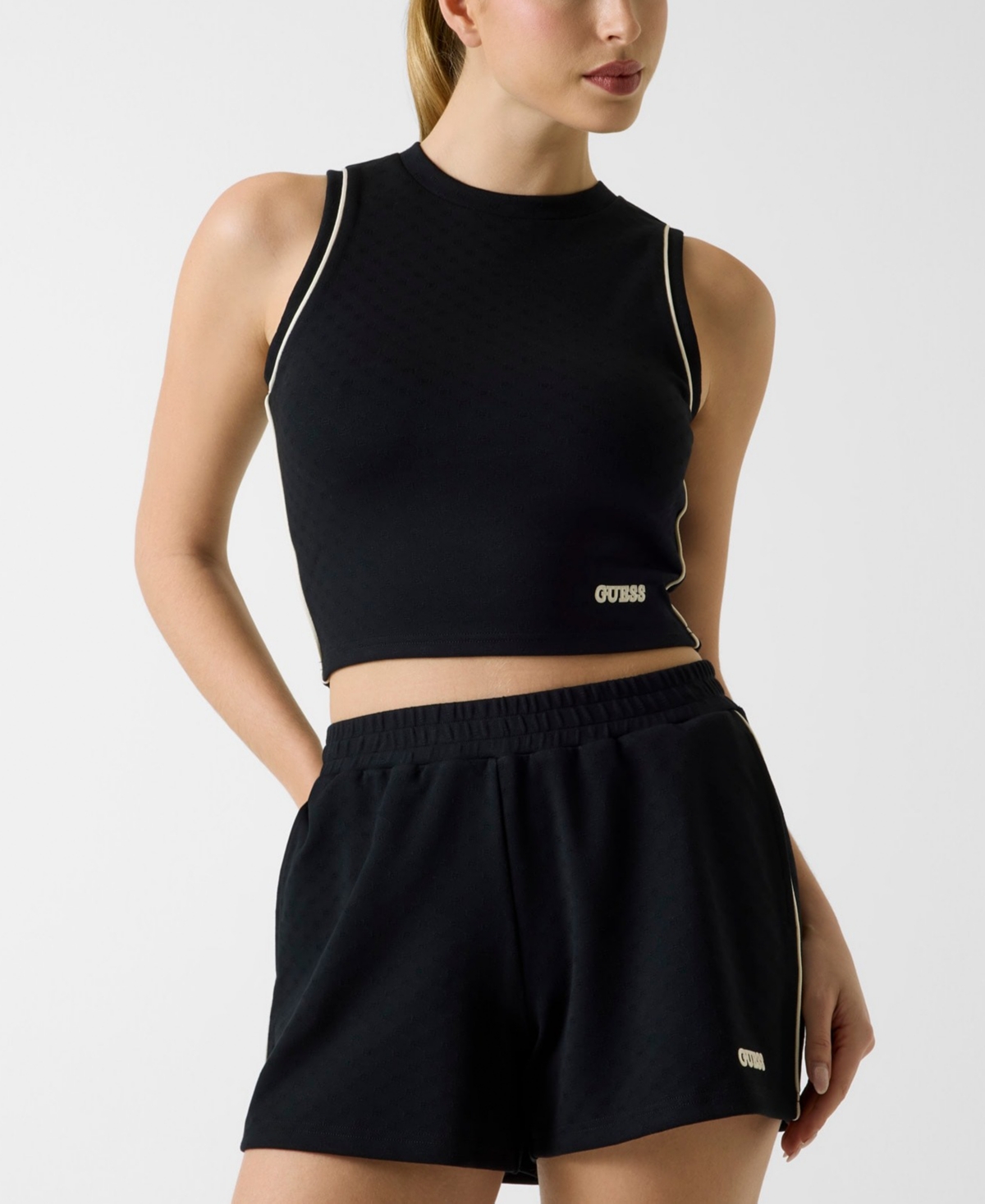 Click here for Guess Womens Round Neck Sleeveless Crop Top - Jet... prices