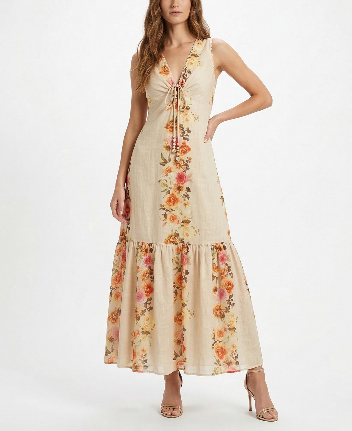 Click here for Taylor Womens V-Neck Floral Keyhole Dress - Wheat... prices