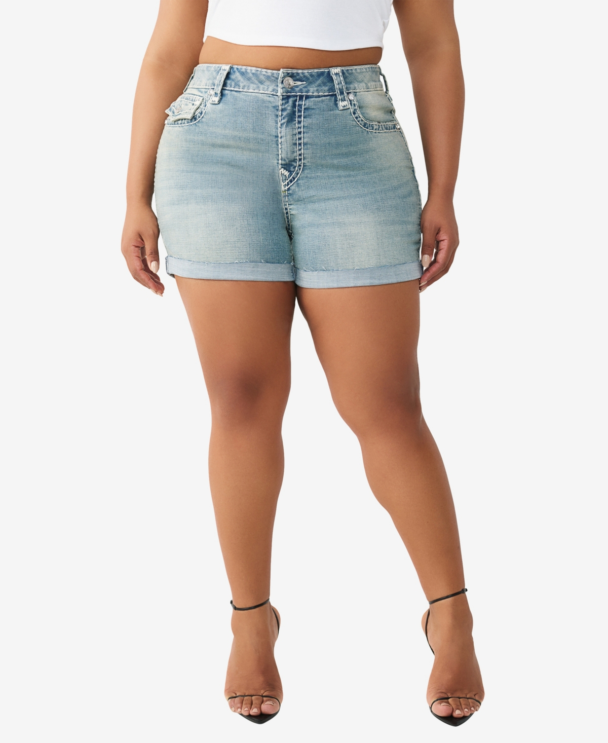 Click here for True Religion Plus Size Jennie Mid-Rise Shorts - M... prices