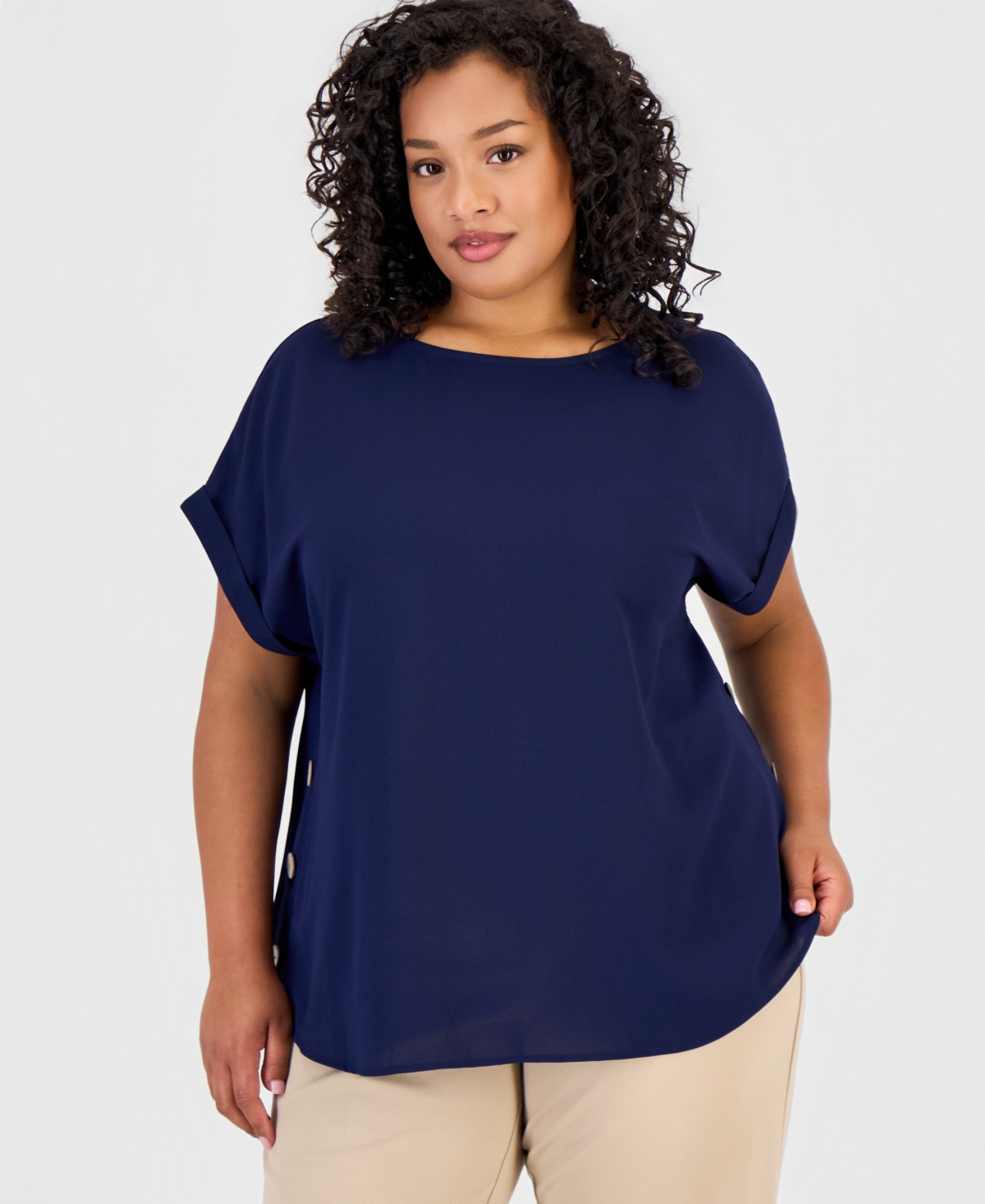Click here for Jones New York Plus Size Side-Button Boat Neck Top... prices