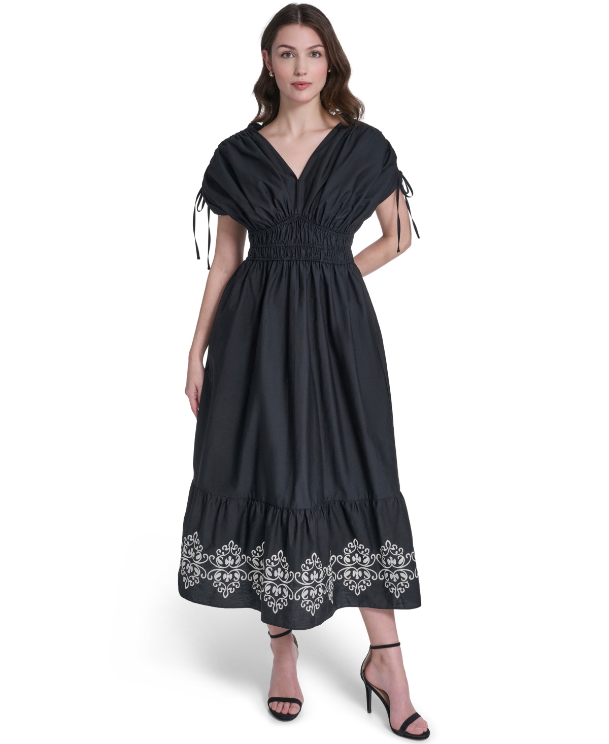 Click here for Vince Camuto Womens V-Neck Embroidered Hem Midi Dr... prices