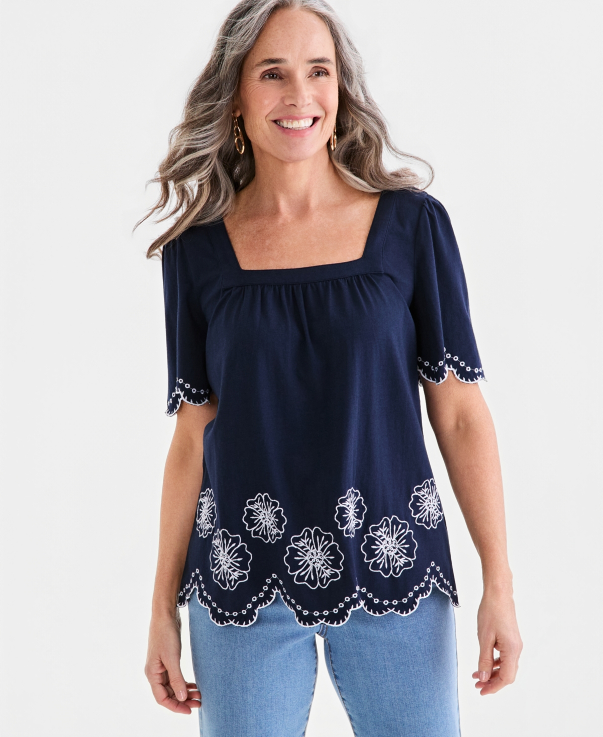 Click here for Style & Co Womens Embroidered Scalloped Knit Top... prices