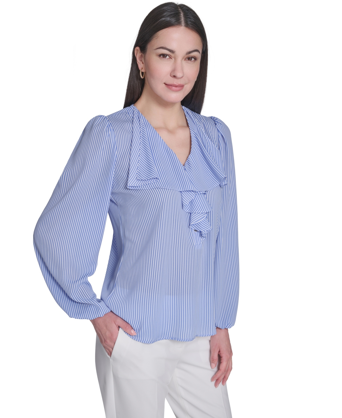 Click here for Tommy Hilfiger Womens V-Neck Striped Ruffle Blouse... prices