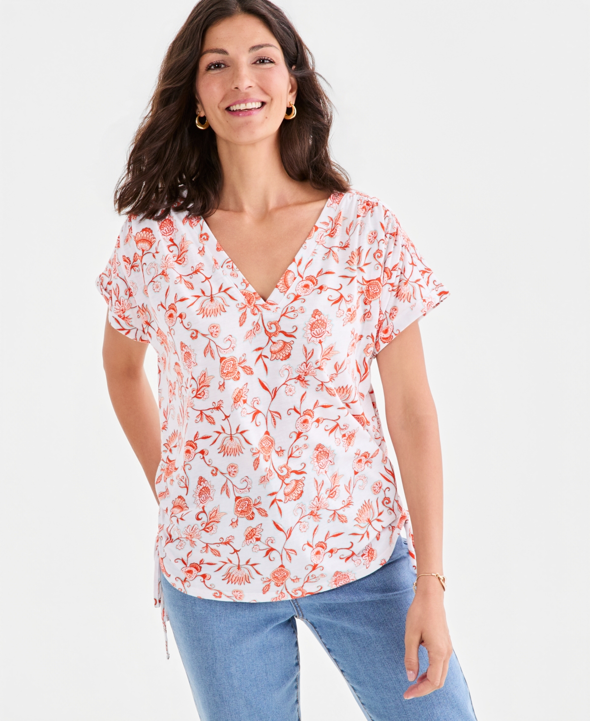 Click here for Style & Co Petite Ruched Tie Fresh Paisley Print V... prices