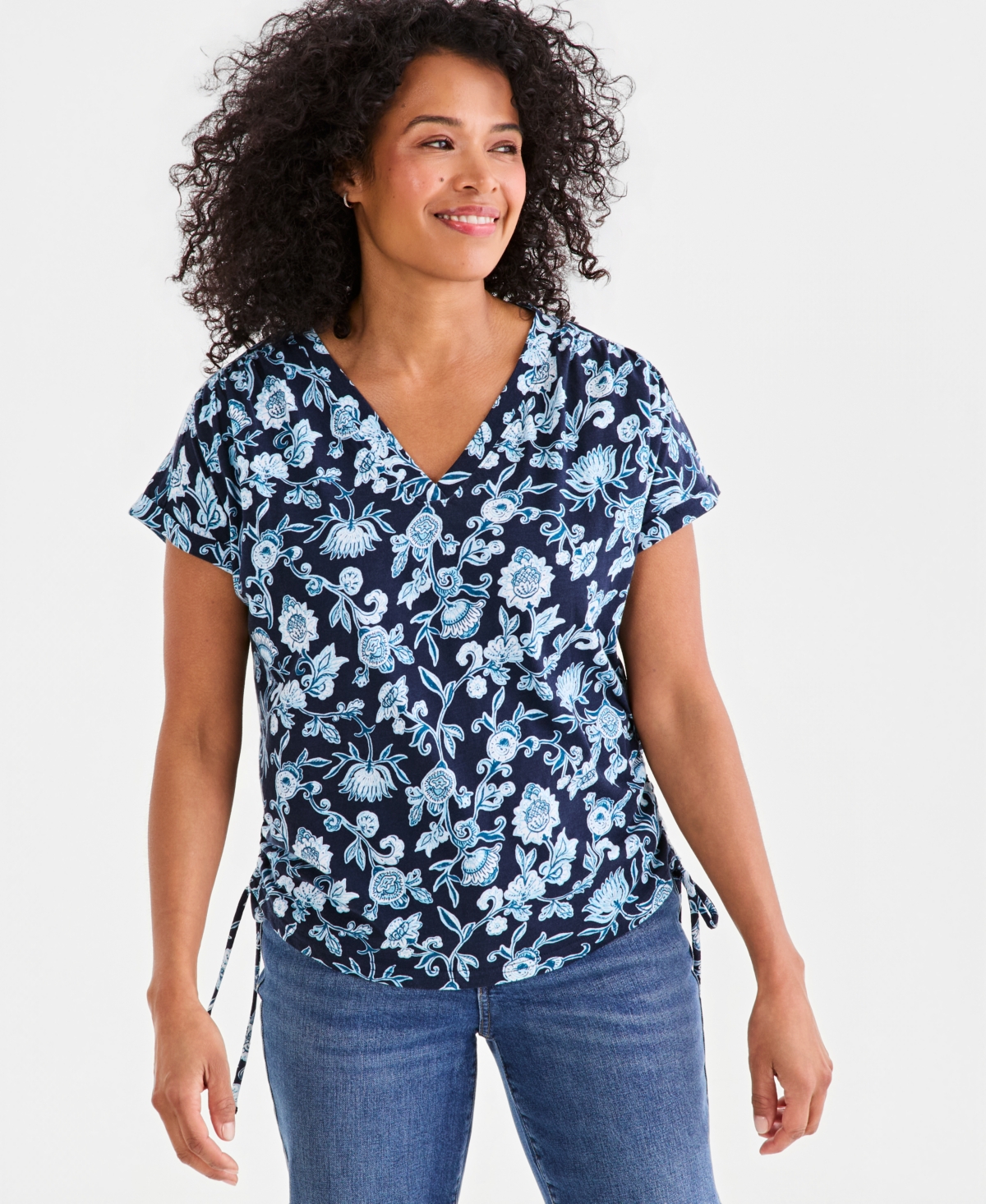 Click here for Style & Co Petite Ruched Tie Fresh Paisley Print V... prices