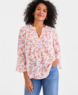 Click here for Style Co Womens Printed Pintuck Ruffle Sleeve Top... prices