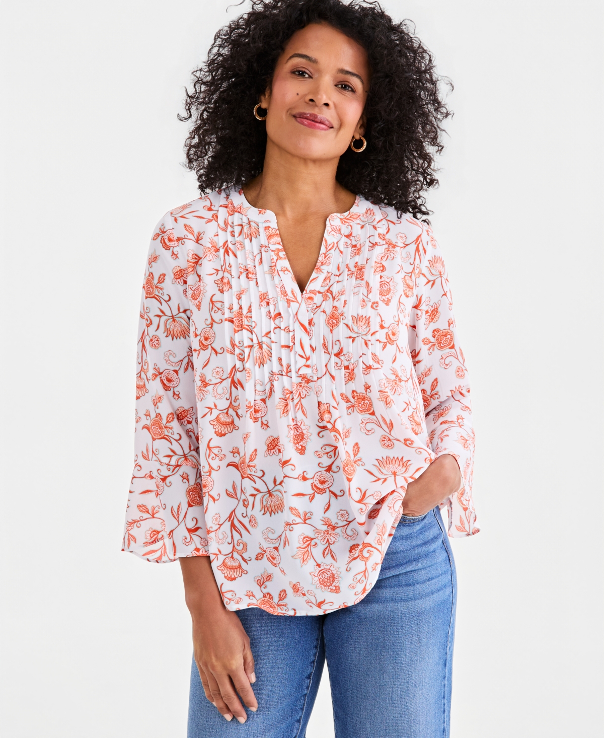 Click here for Style & Co Womens Printed Pintuck Ruffle Sleeve To... prices