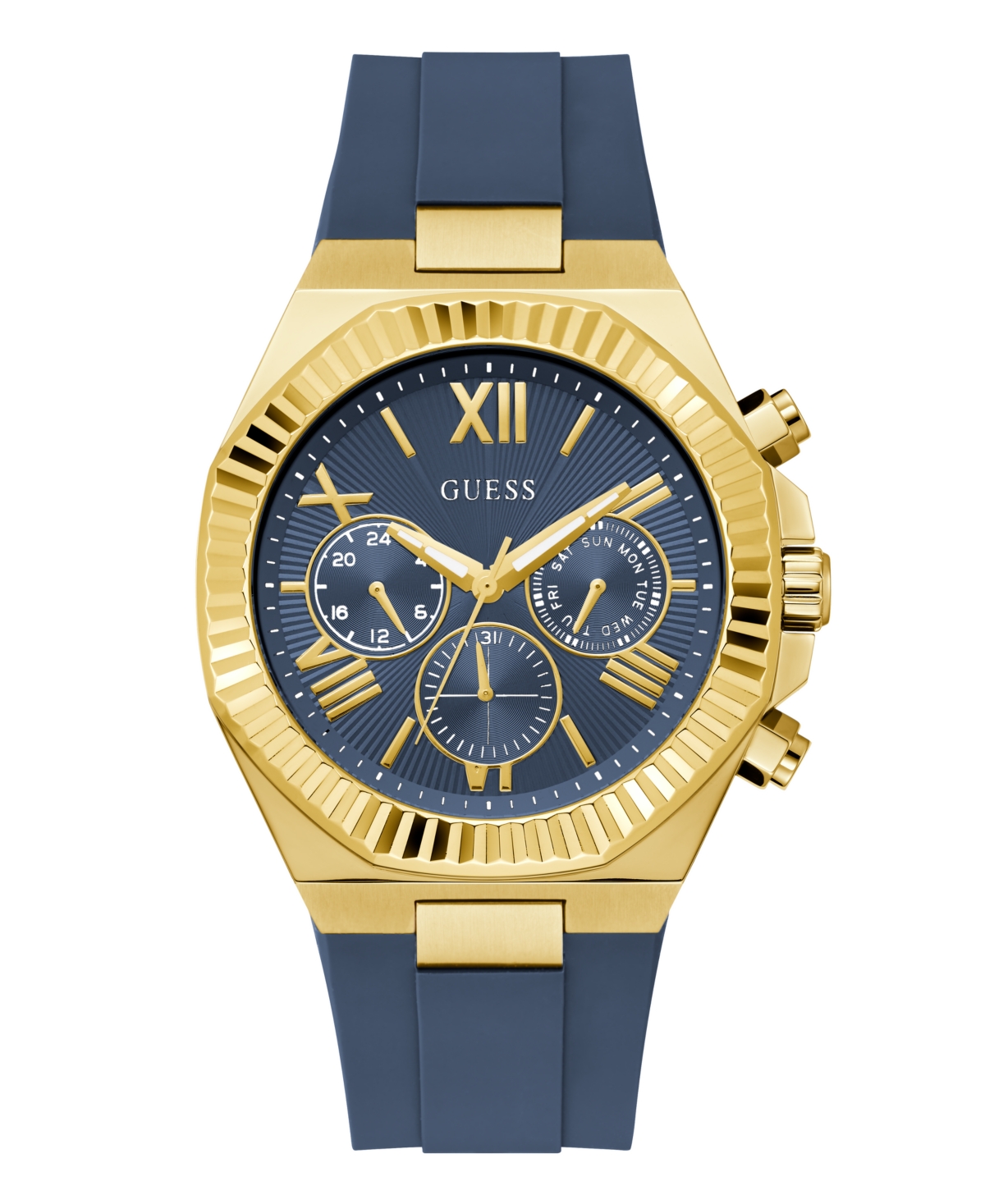 Click here for Guess Mens Gold-Tone Indigo Silicone Multi-Functio... prices