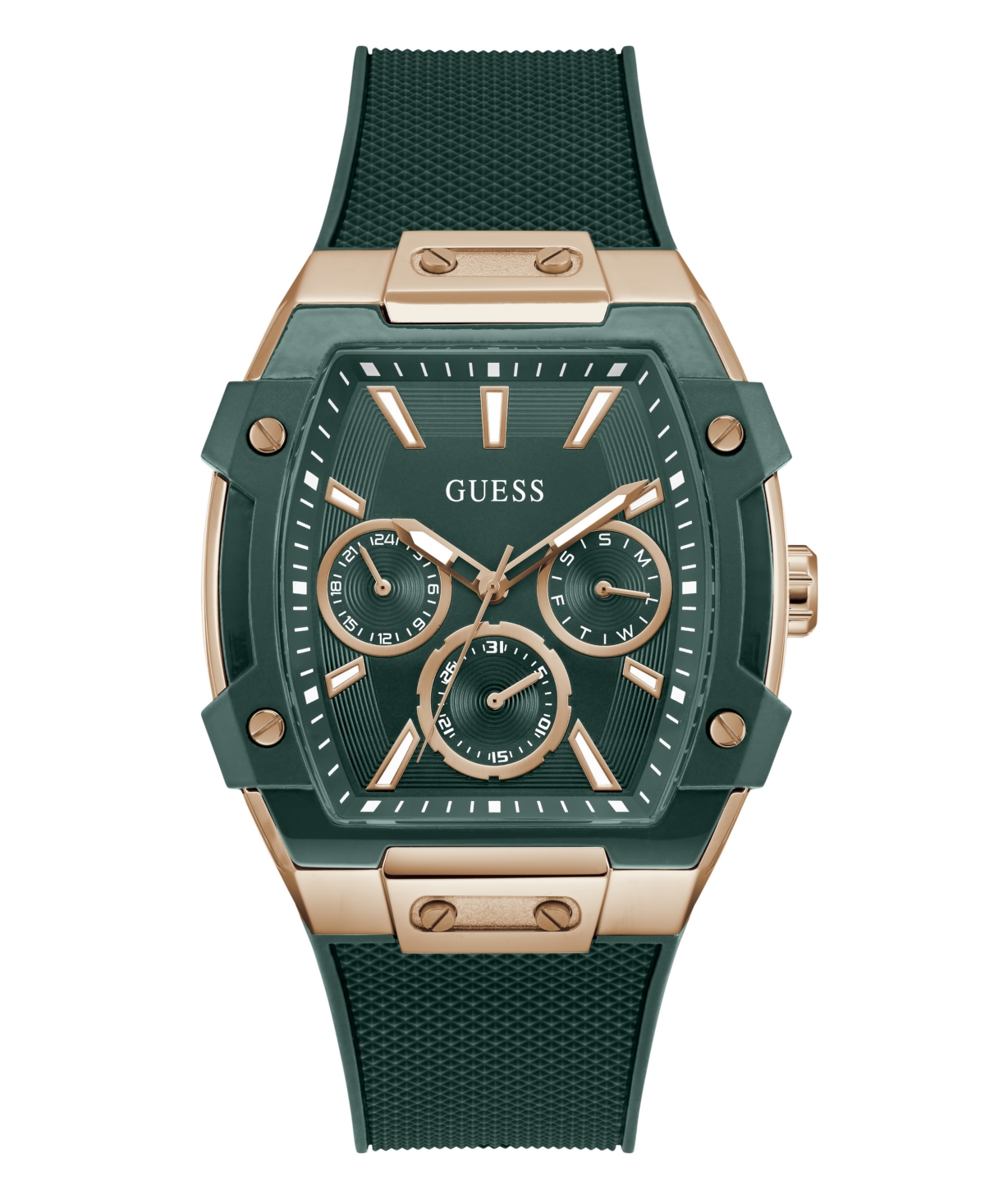 Click here for Guess Mens Rose Gold-Tone Green Silicone Multi-Fun... prices