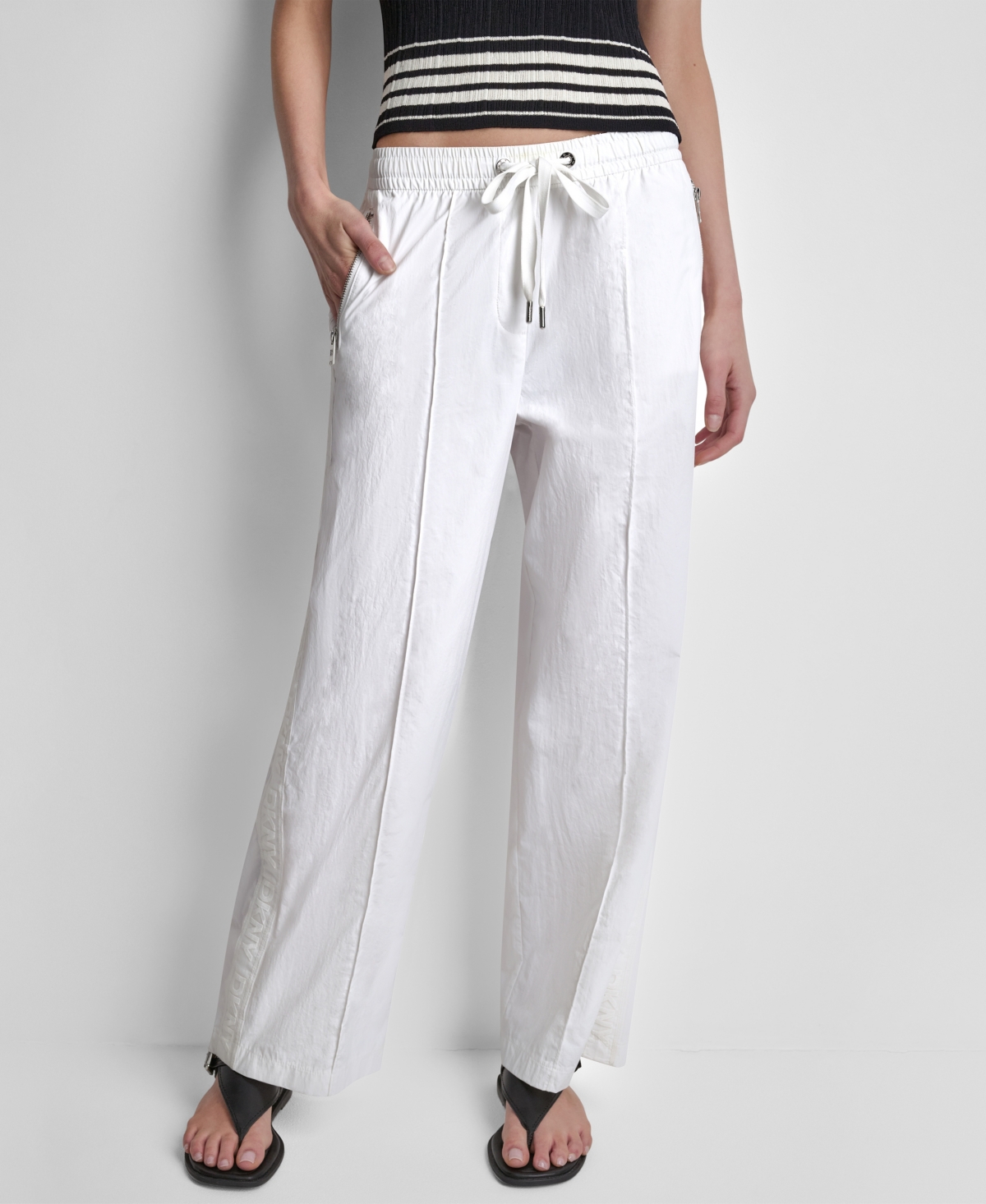 Click here for Dkny Womens Relaxed-Fit Logo Trim Pants - White prices