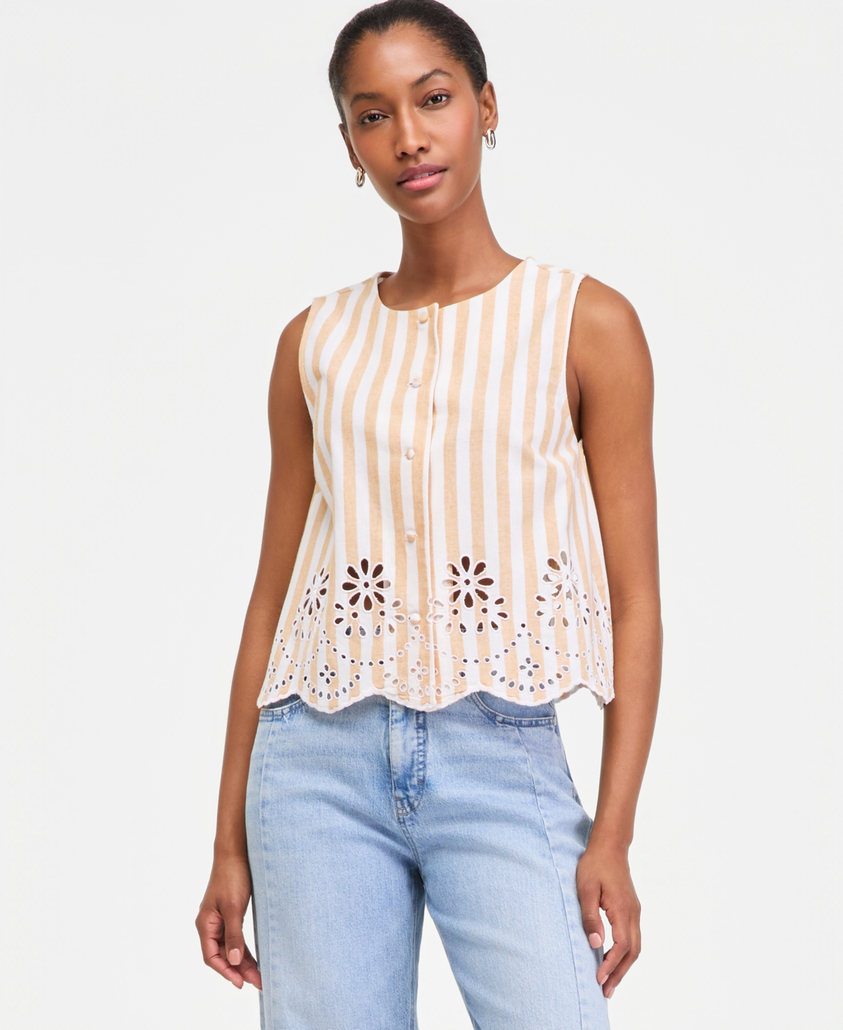 Click here for On 34th Womens Verano Stripe Linen-Blend Eyelet Ve... prices