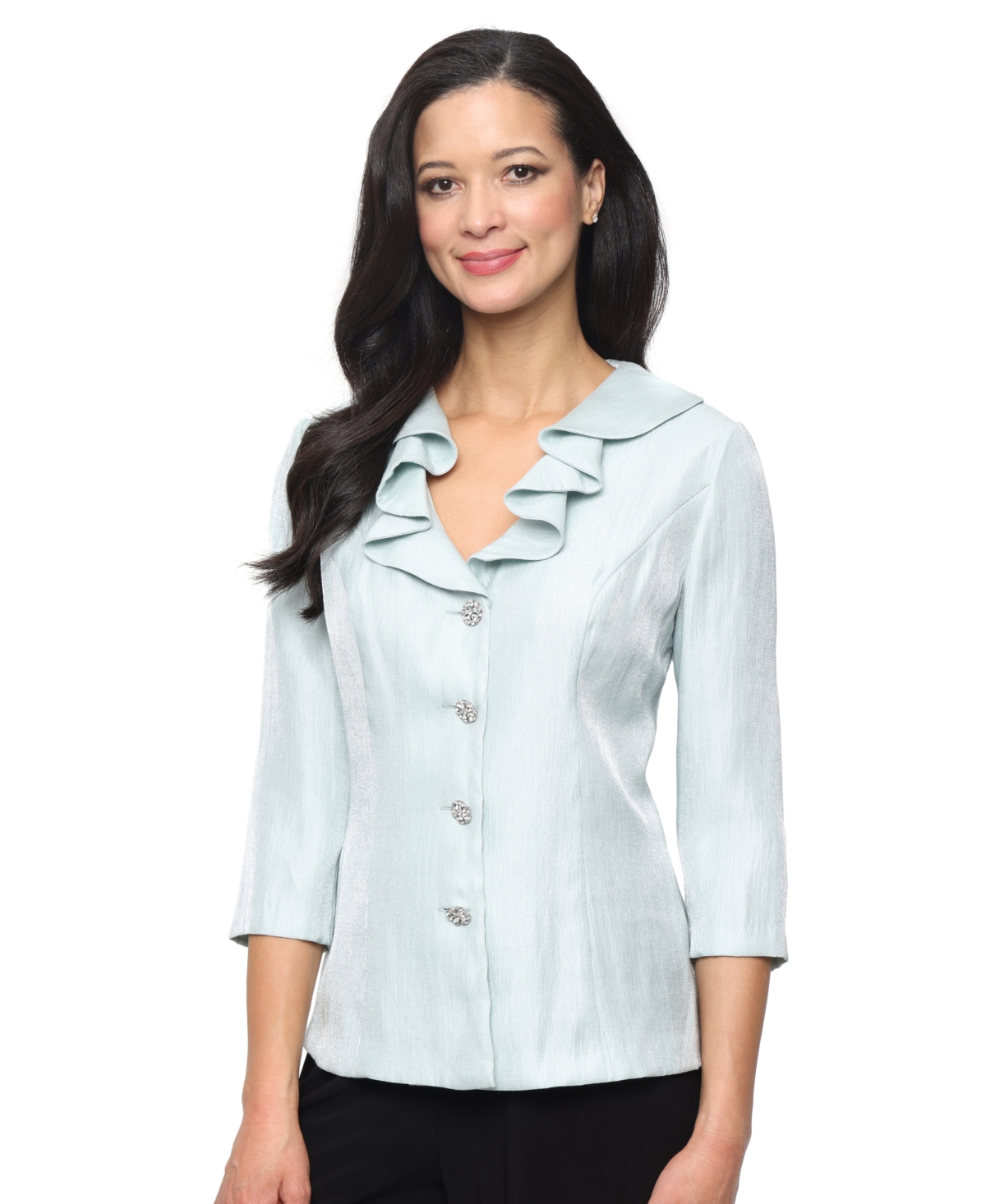 Click here for Alex Evenings Womens Shimmer Ruffle Neck Blouse -... prices