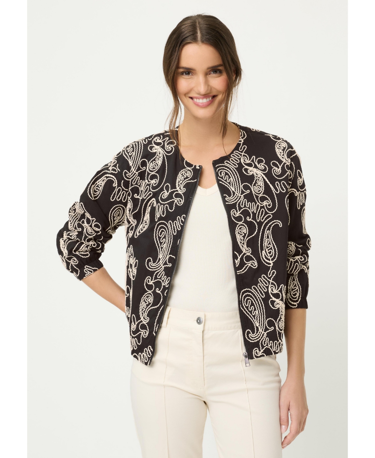 Click here for Olsen Womens Embroidered Indoor Jacket - Black prices