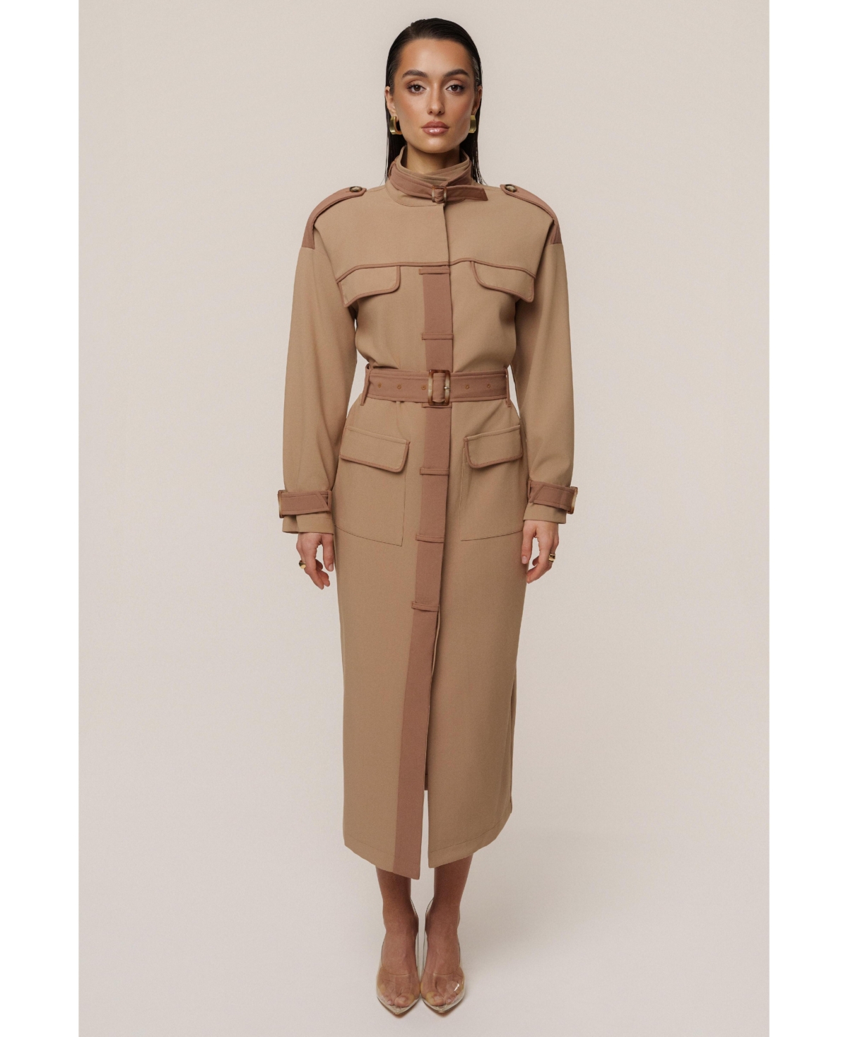 Click here for Jluxlabel Womens Icon Belted Midi Dress - Beige prices