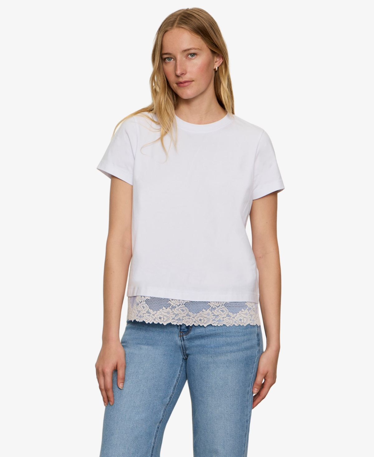 Click here for Sanctuary Womens Lace-Hem Crewneck T-Shirt - White prices
