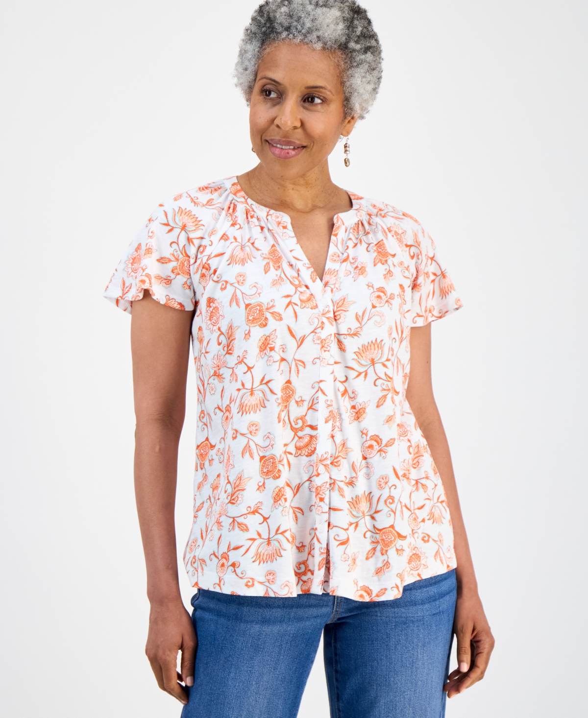 Click here for Style & Co Petite Printed Button-Front Flutter-Sle... prices