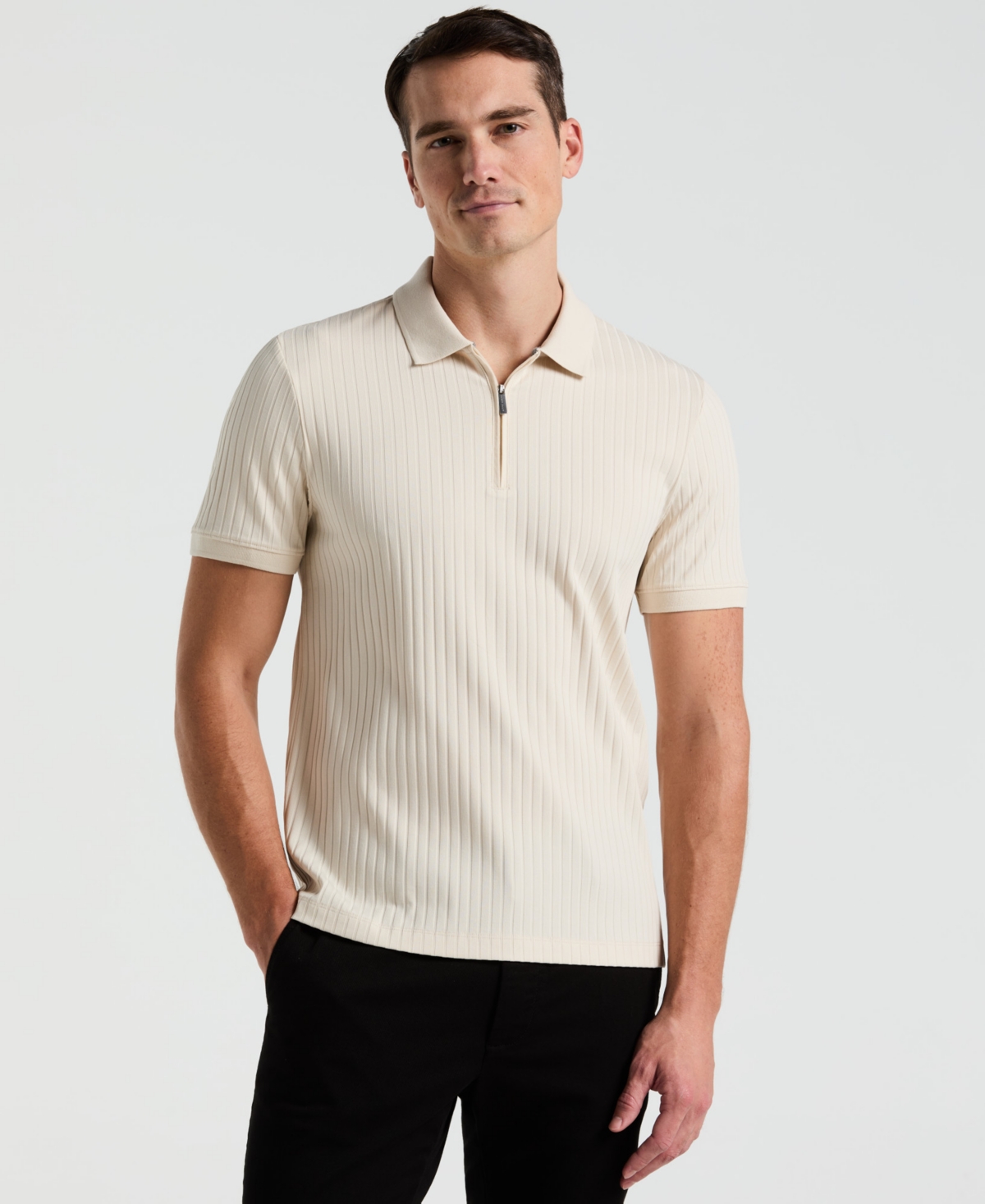 Click here for Perry Ellis Mens Slim-Fit Ribbed-Knit 1/4-Zip Polo... prices